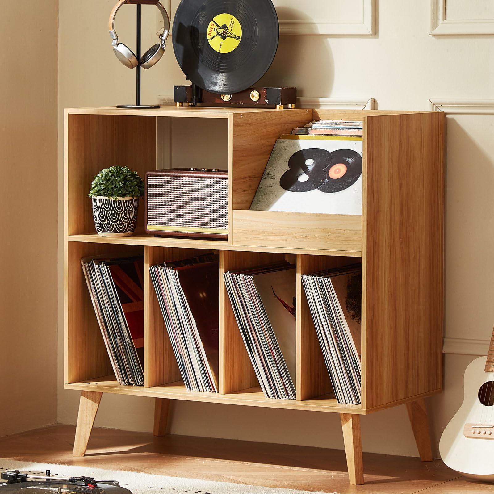 Large Wooden Record Player Stand with Storage, Vinyl Record Holder ...
