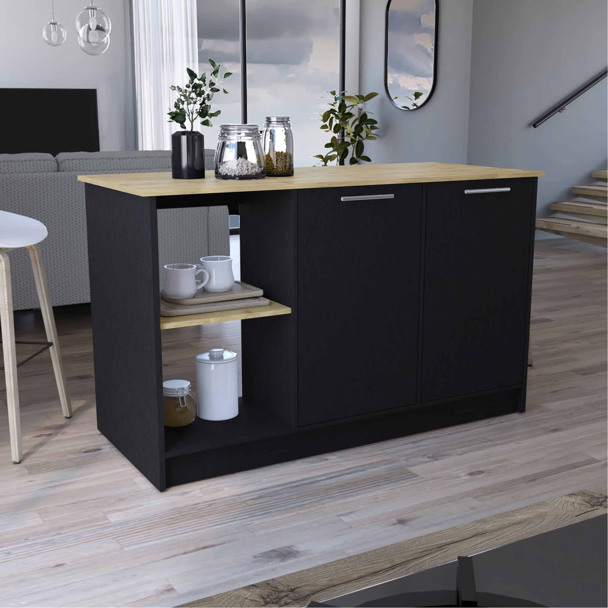 Large Workspace Kitchen Island In Black + Dark Walnut With Double Door ...