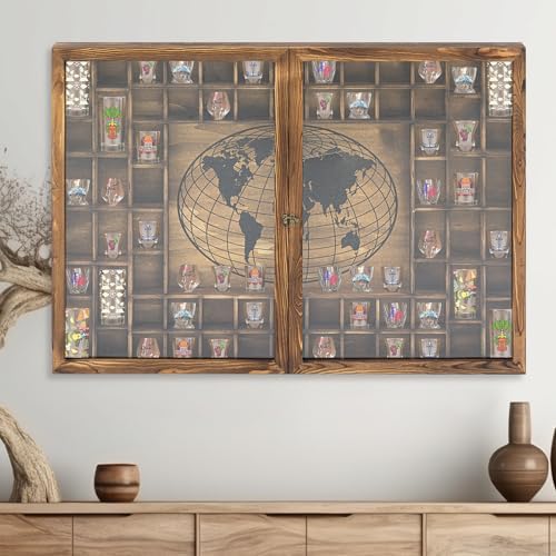 Large World Map 68 Slots Shot Glass Display Shadow Box 39 x 28'' Rustic ...