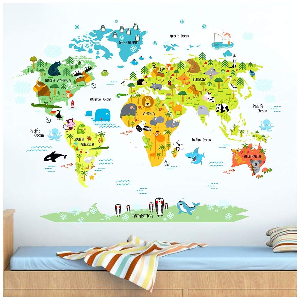 Large World Map Stickers for Kids Educational Animal Landmarks Peel ...