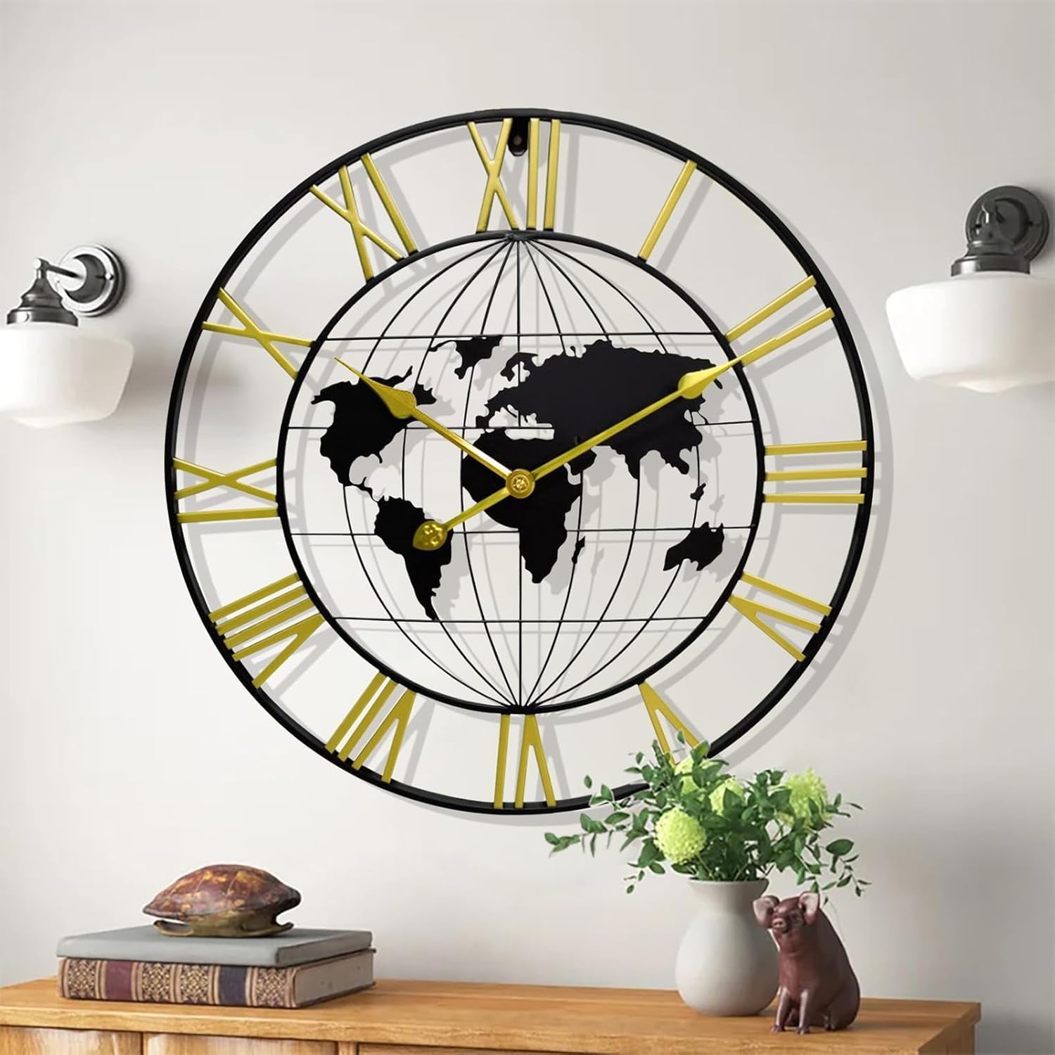 Large World Map Wall Clock,Metal Minimalist Modern Clock,Round Silent ...