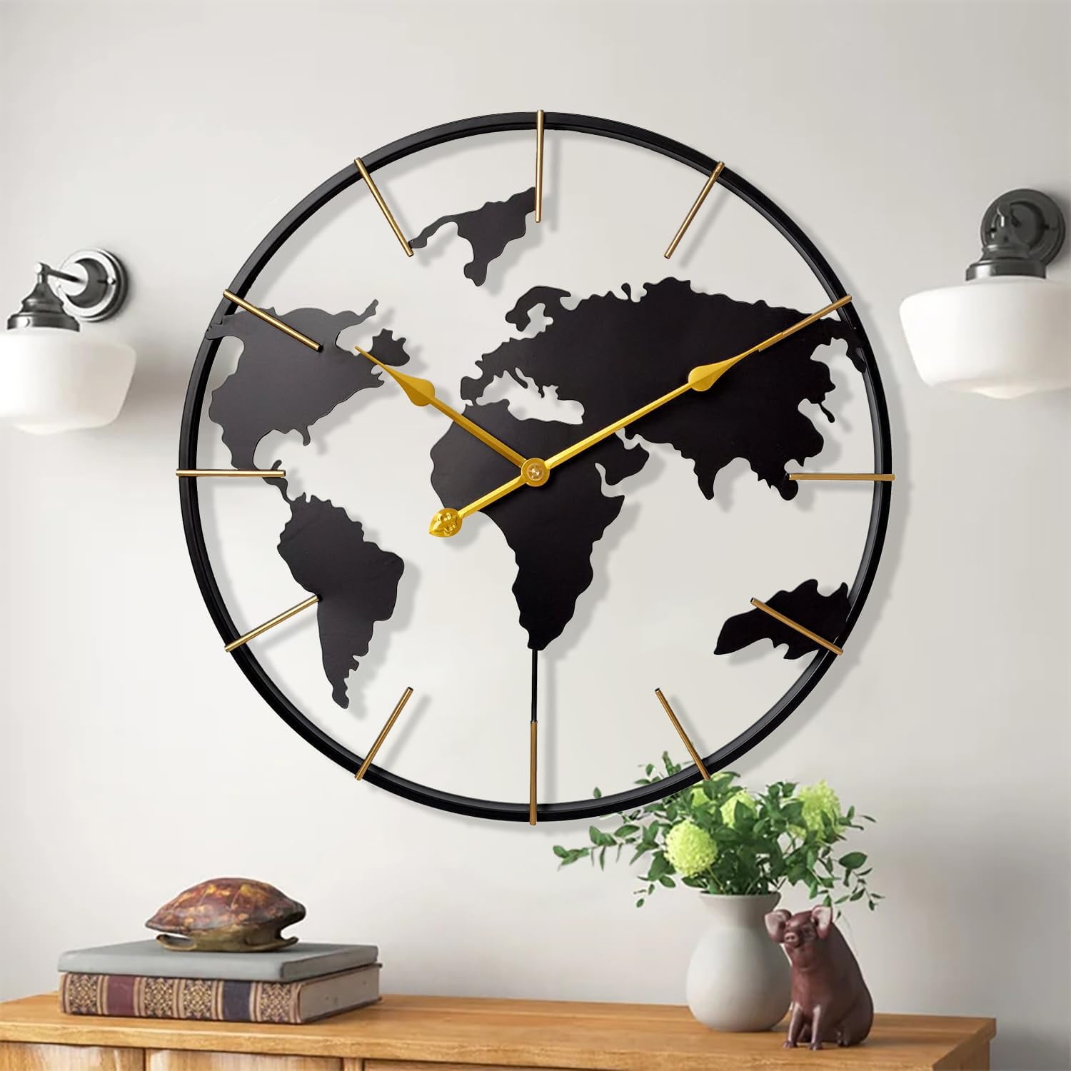 Large World Map Wall Clock,Metal Minimalist Modern Clock,Round Silent ...