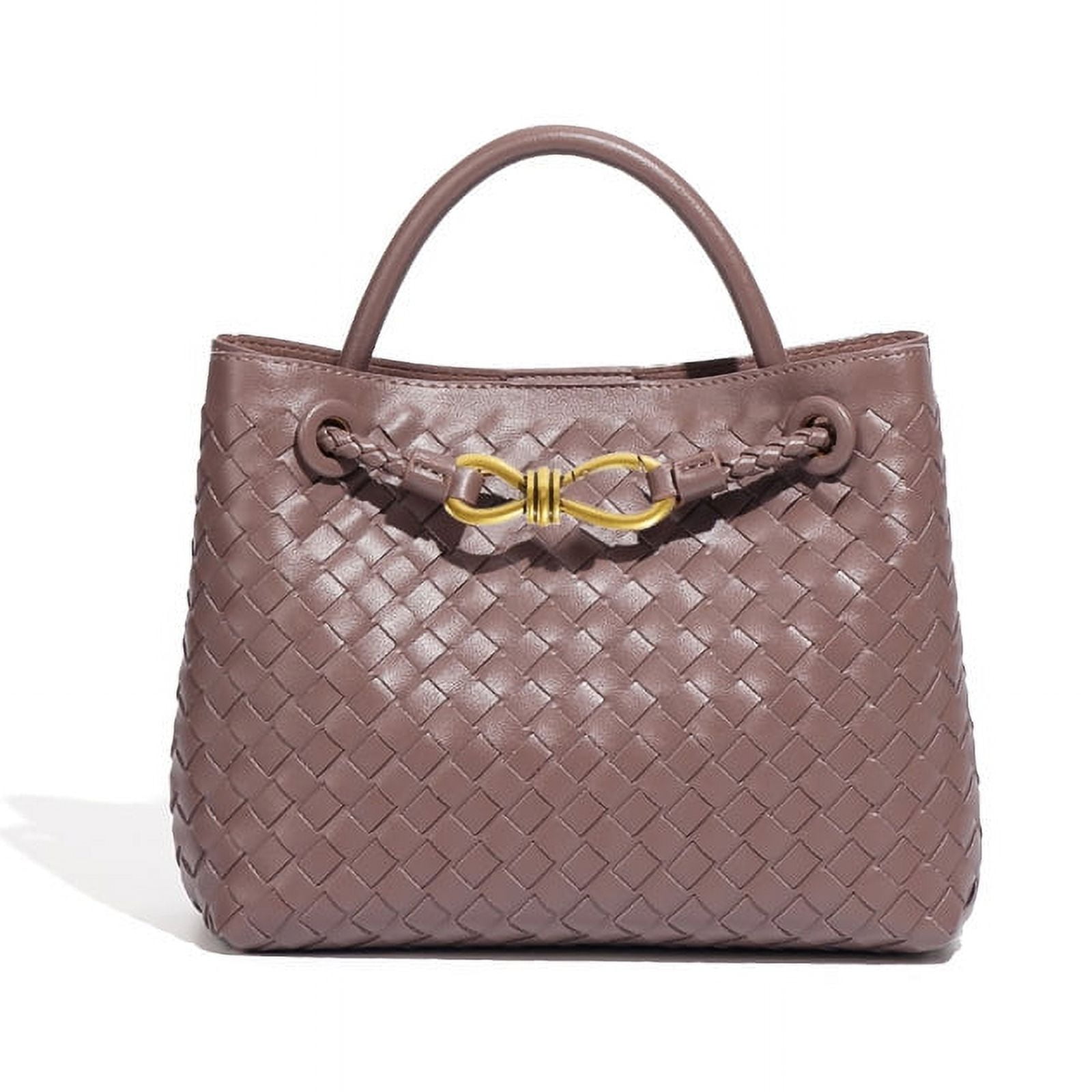 Large Woven Leather Handbag, Bucket Style Tote with Gold Lock Design ...