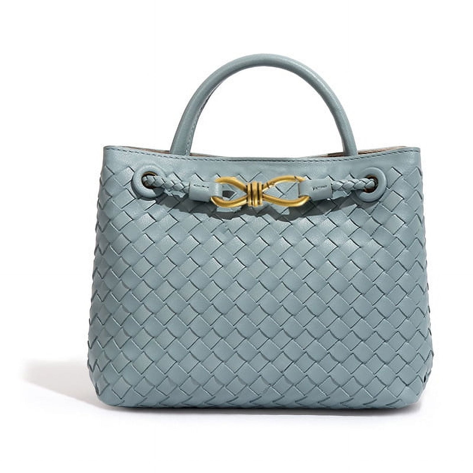 Large Woven Leather Handbag, Bucket Style Tote with Gold Lock Design ...