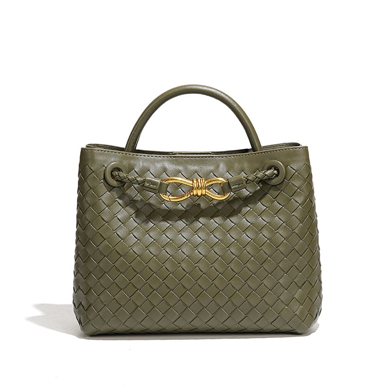 Large Woven Leather Handbag, Bucket Style Tote with Gold Lock Design ...