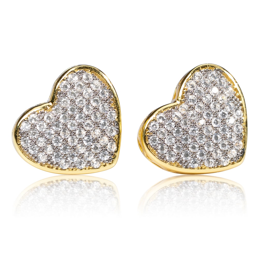 Large Yellow Gold 925 Sterling Silver Micro Pave Women's Cz Heart Stud ...