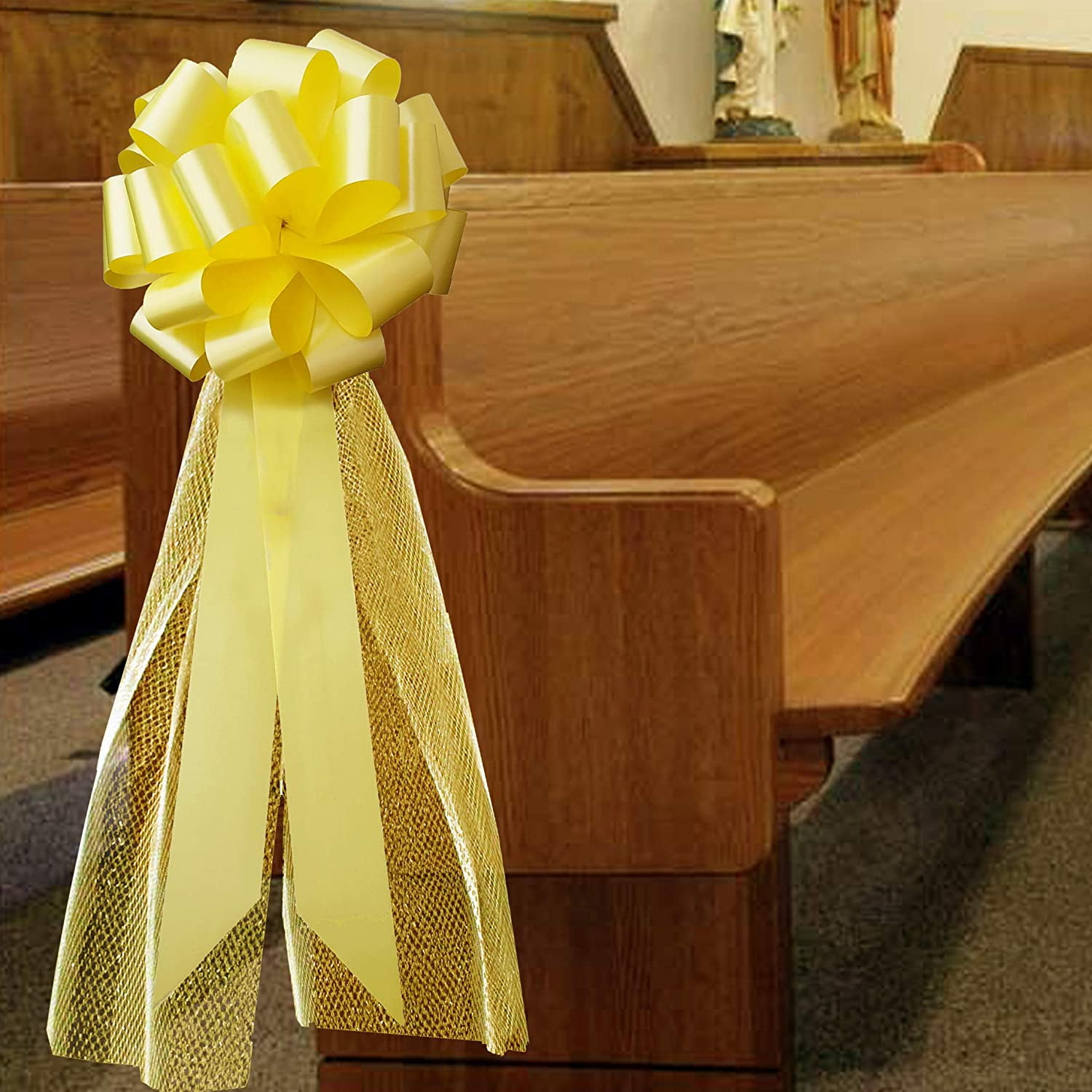 Large Yellow Wedding Pull Bows with Long Tulle Tails - 9" Wide, Set of ...