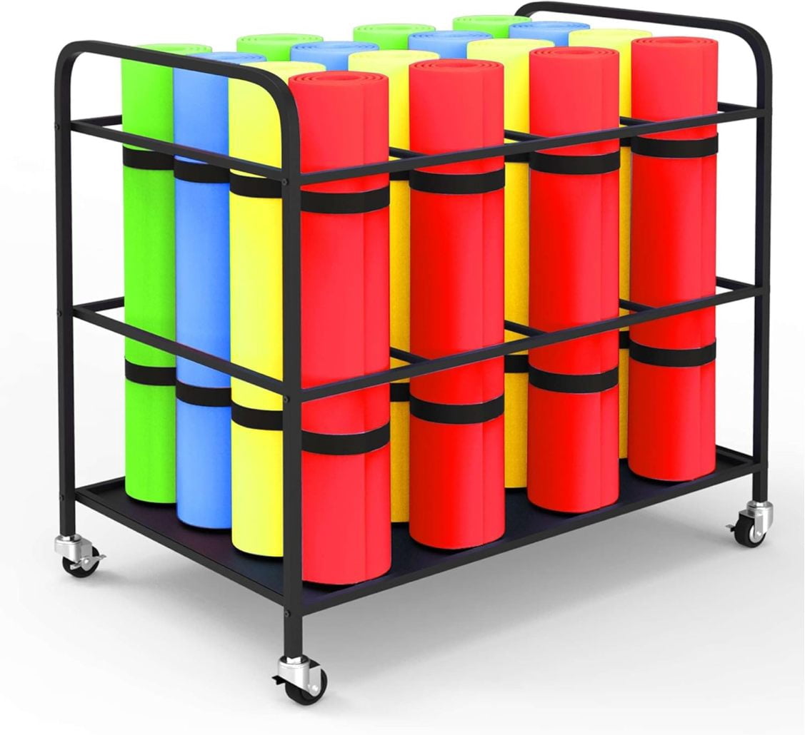 Large Yoga Mat Storage Rack Cart with Wheels, Metal Yoga Mat Holder ...