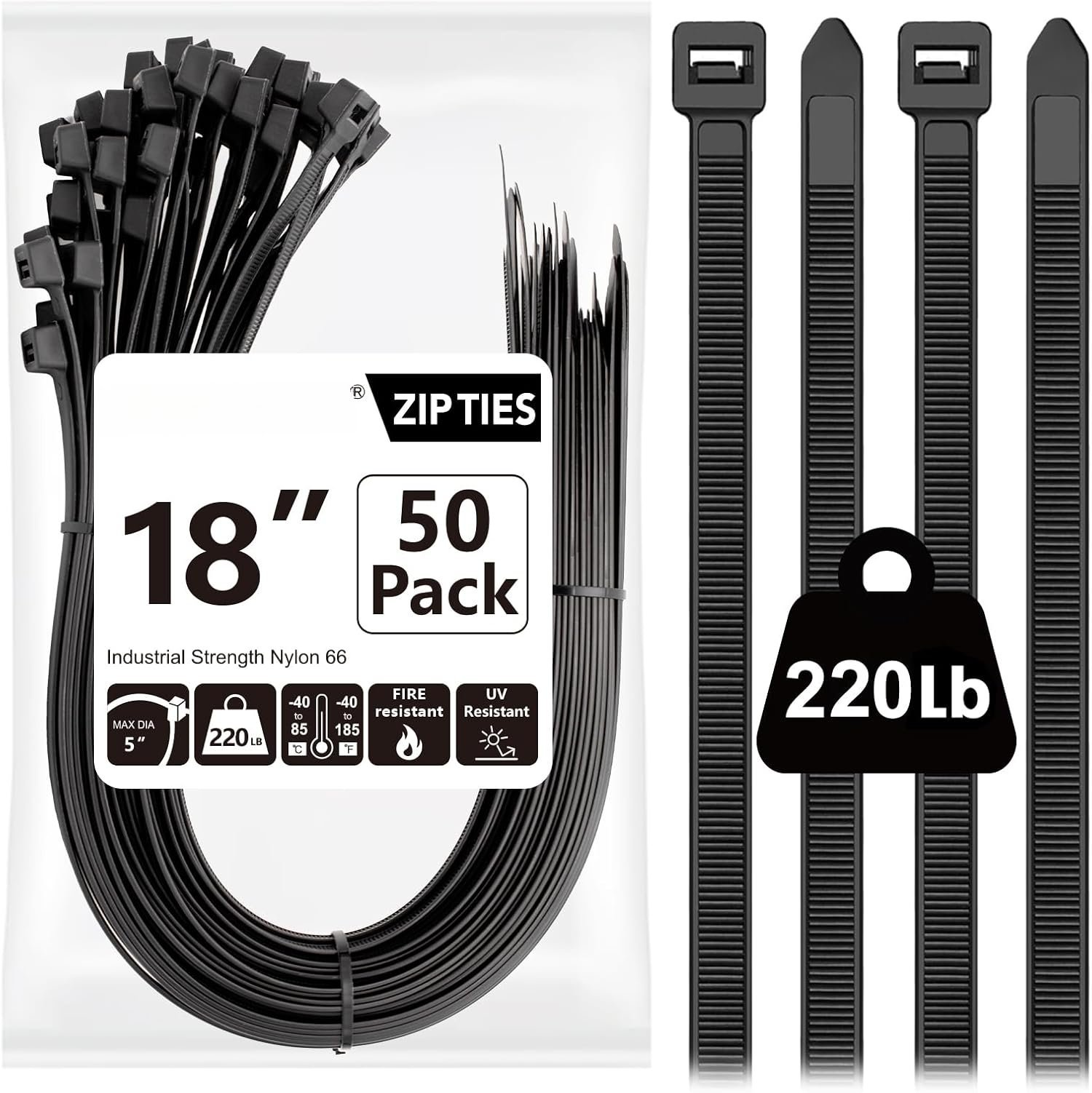 Large Zip Ties 18 inch, 50 Pack, Long Zip Ties Heavy Duty with 220 lb ...