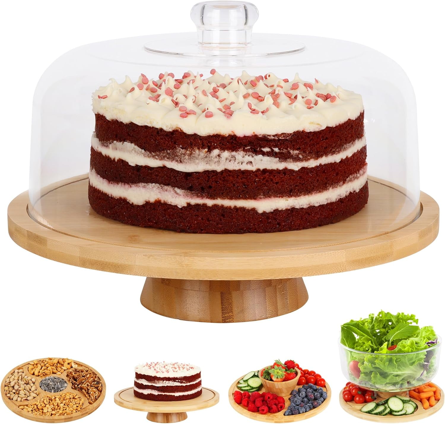 Large bamboo and wood cake rack with lid - Multi purpose wooden cake ...