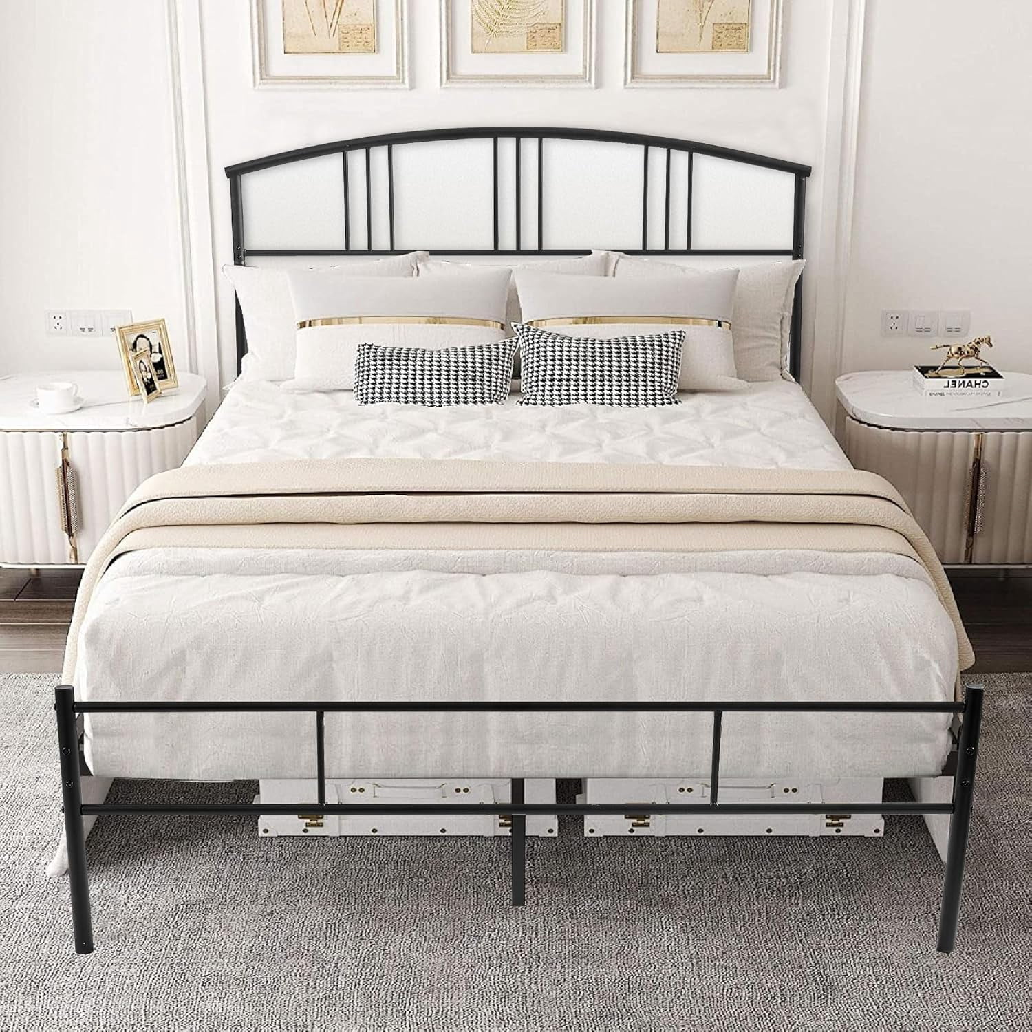 Large bed frame (with headboard and footboard), metal platform mattress ...