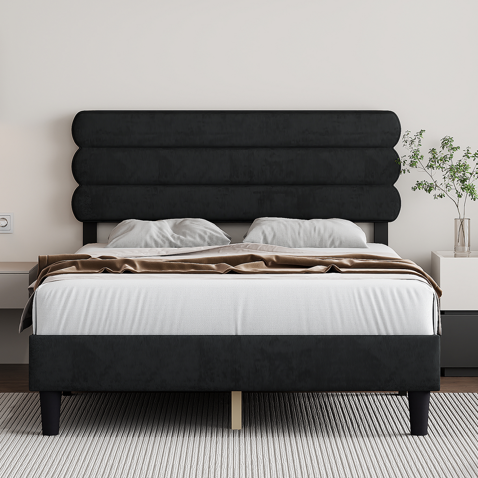 Large bed frame with headboard, solid platform bed with wooden plank ...