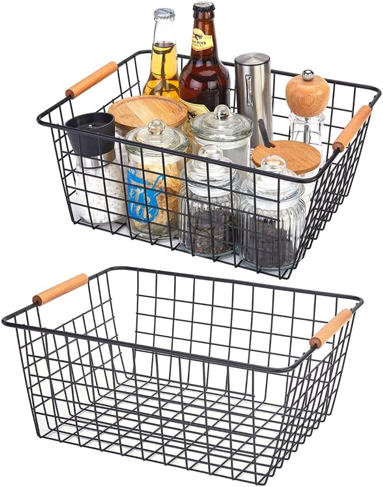 Large black wire baskets with Wooden Handles for storage pantry ...