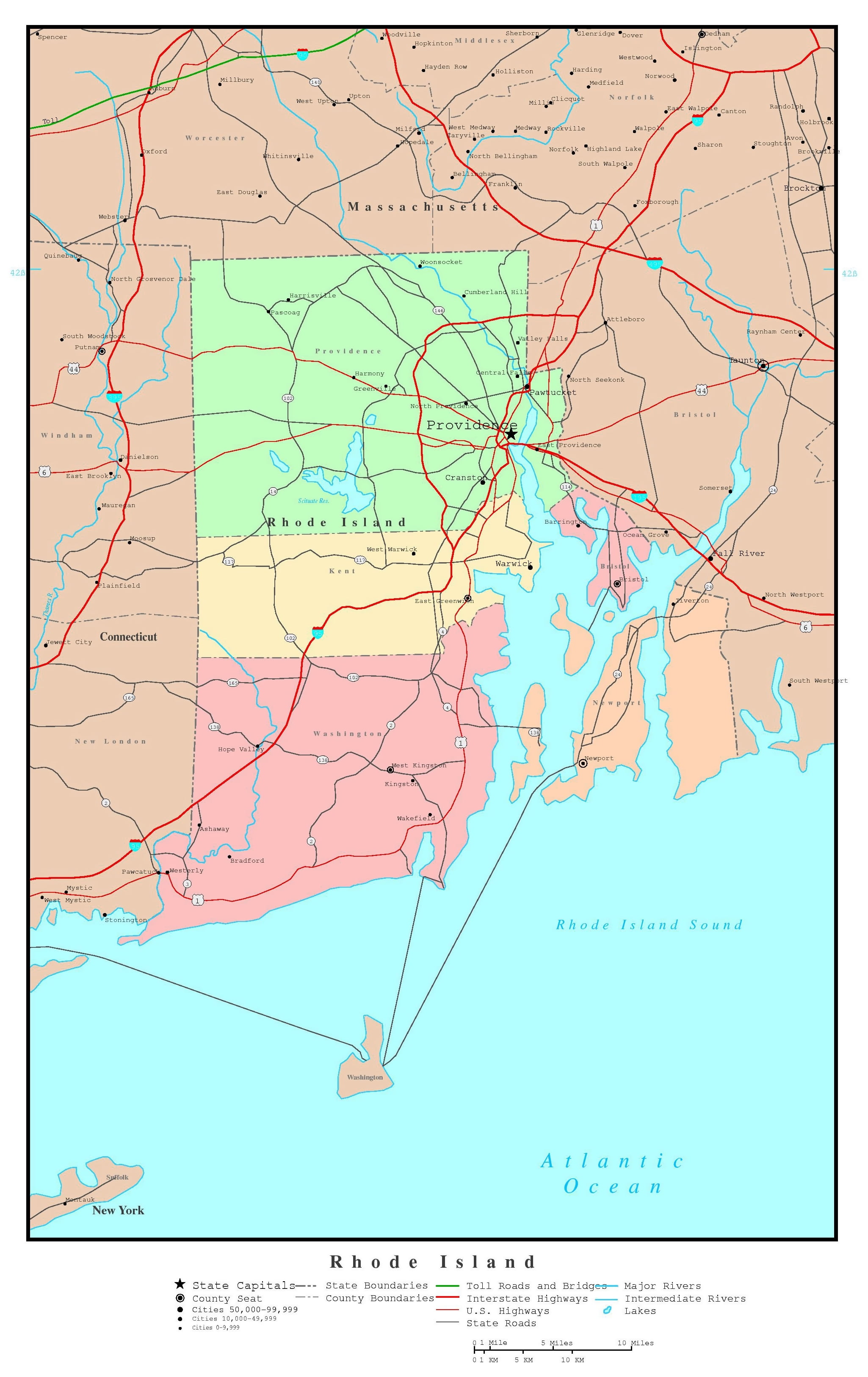 Large detailed administrative map of Rhode Island state with roads ...