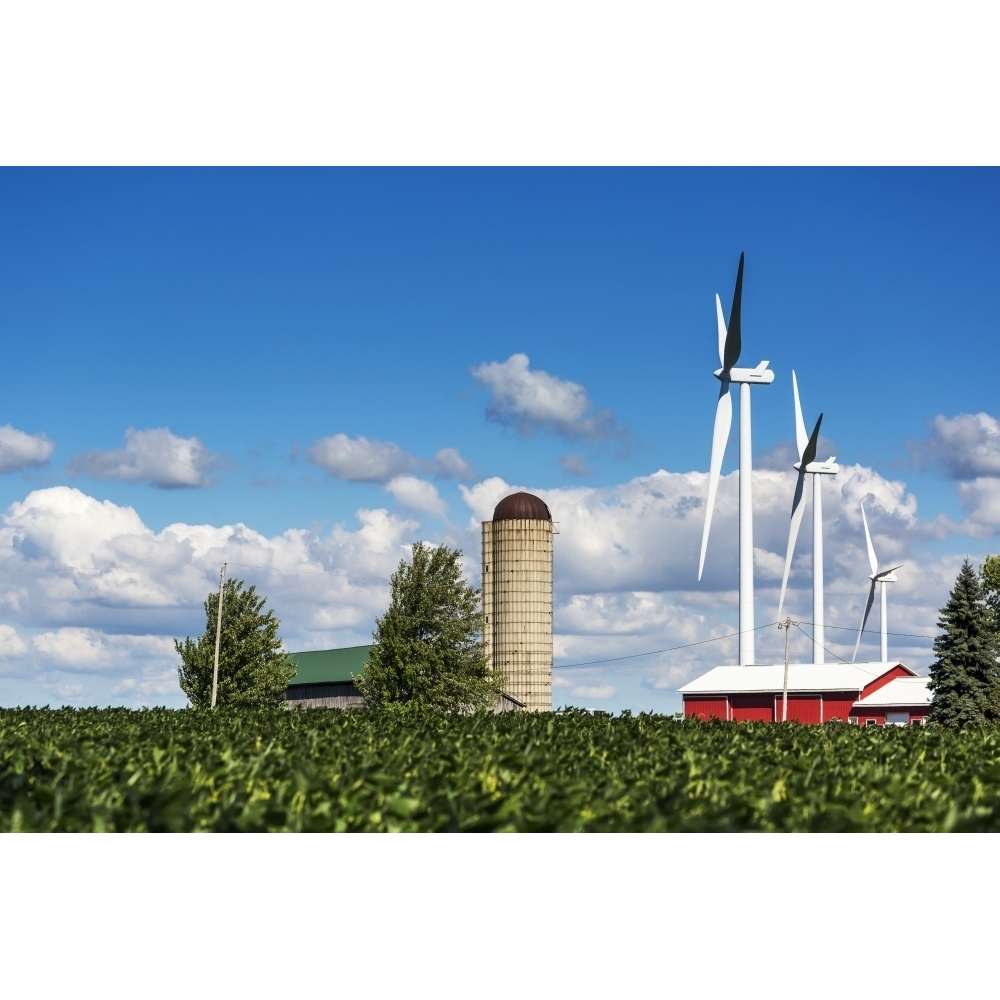 Large metal windmills in a farm yard with red barn and silo soy bean ...