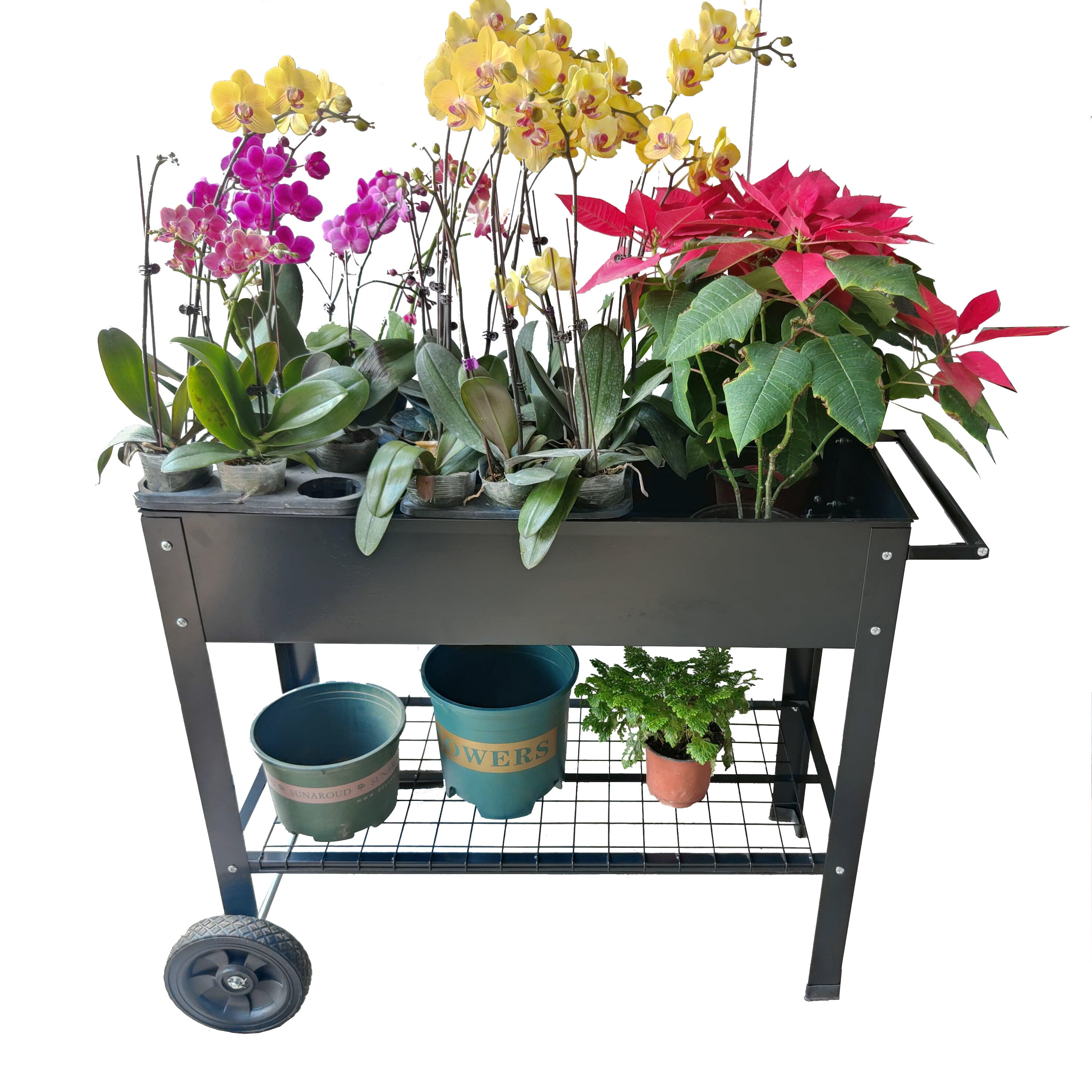 Large mobile black metal elevated garden bed trolley with legs and ...