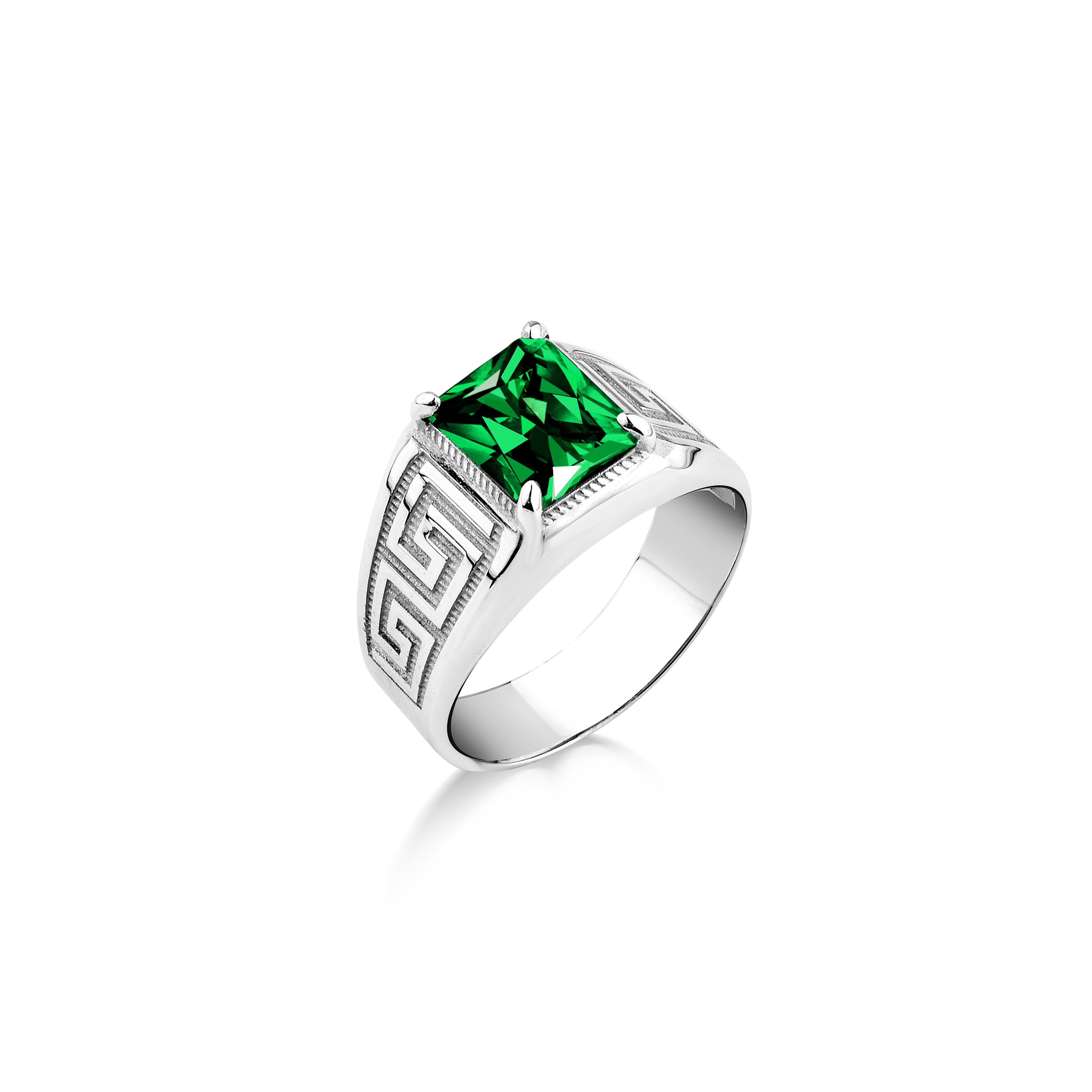 Large rectangle cut emerald stone ring for men in silver, Green ...
