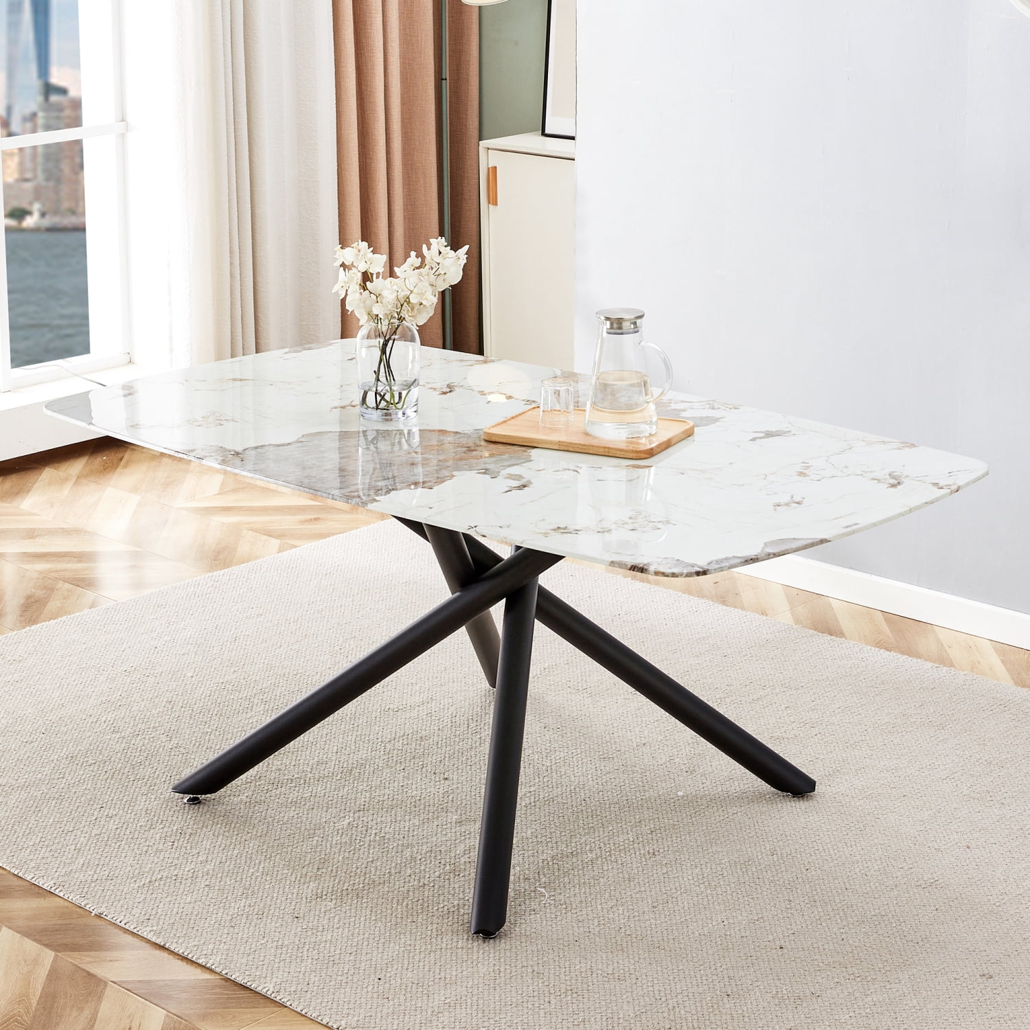 Large rectangular imitation marble dining table 6-8 seats 0.39 ”black ...