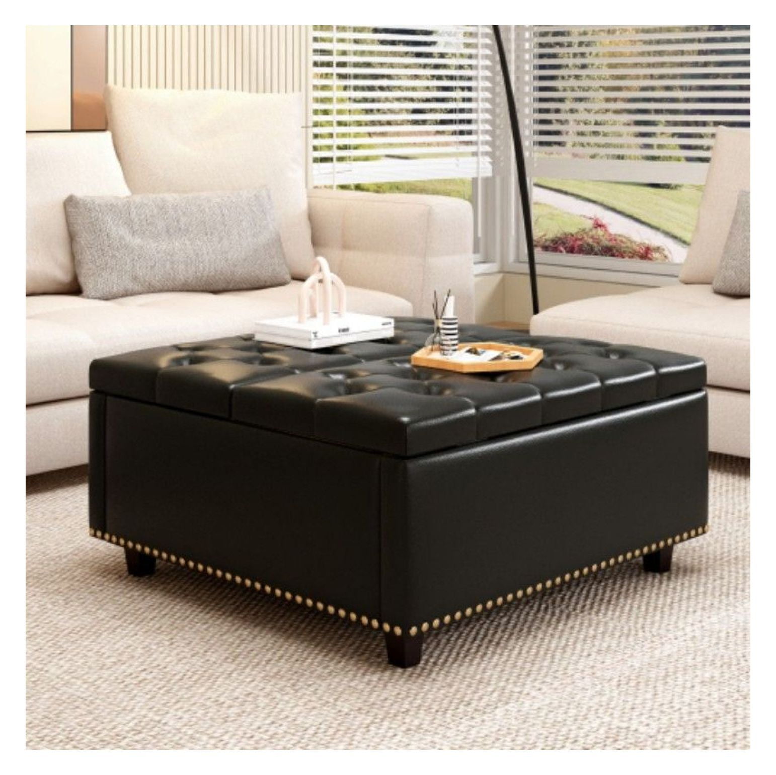 Large square storage stool with two storage doors, footstool for living ...