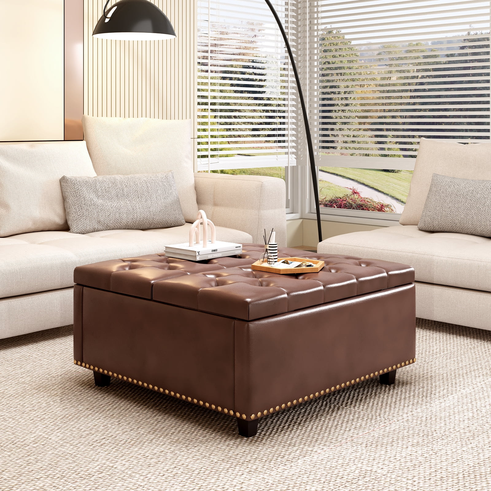 Large square storage stool with two storage doors, footstool for living ...