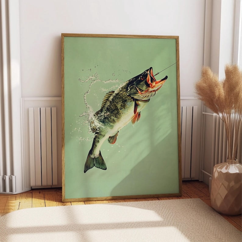 Largemouth Bass Fishing Action Vintage Style Wall Art Poster - 12x18 ...