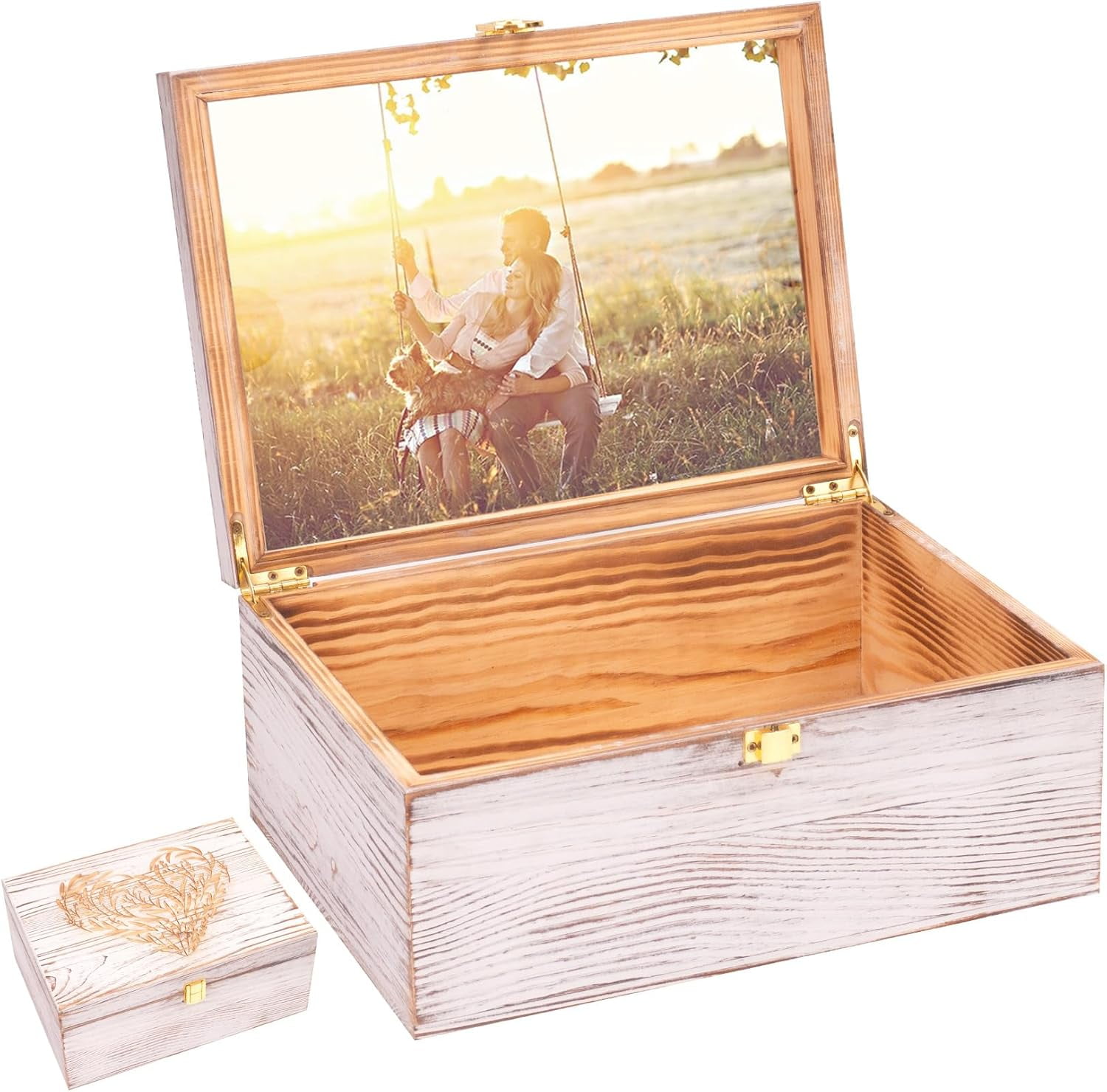 Larger Wooden Memory Keepsake Boxes With Hinged Lids and a photo frame ...