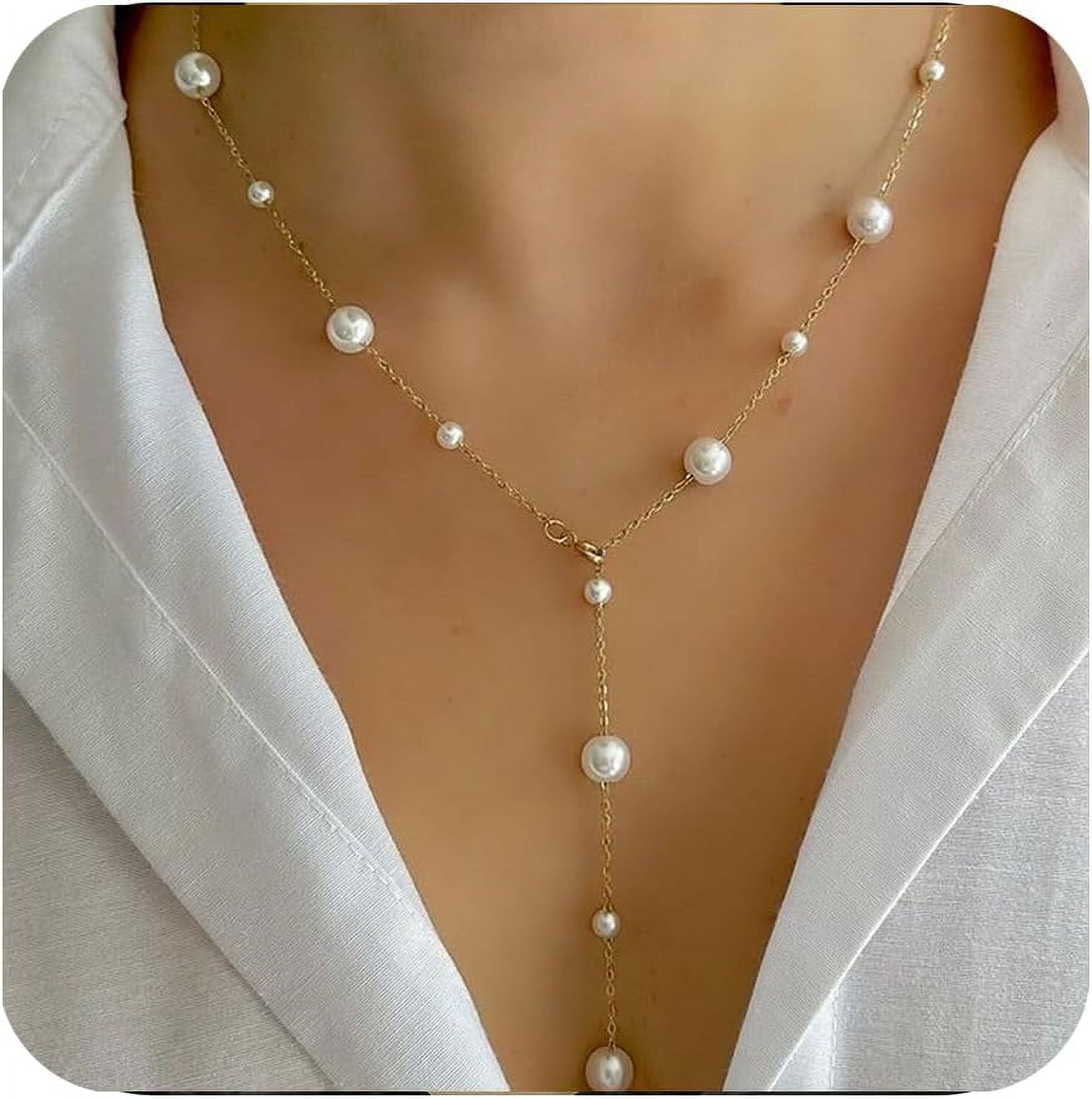 Lariat Pearl 14k gold Necklace for Ladies - Dainty Long Necklace 18k ...