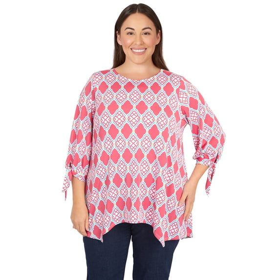 Larky Lark Womens Plus-Size Lattice Pattern Print Knit Tie Sleeve Top ...