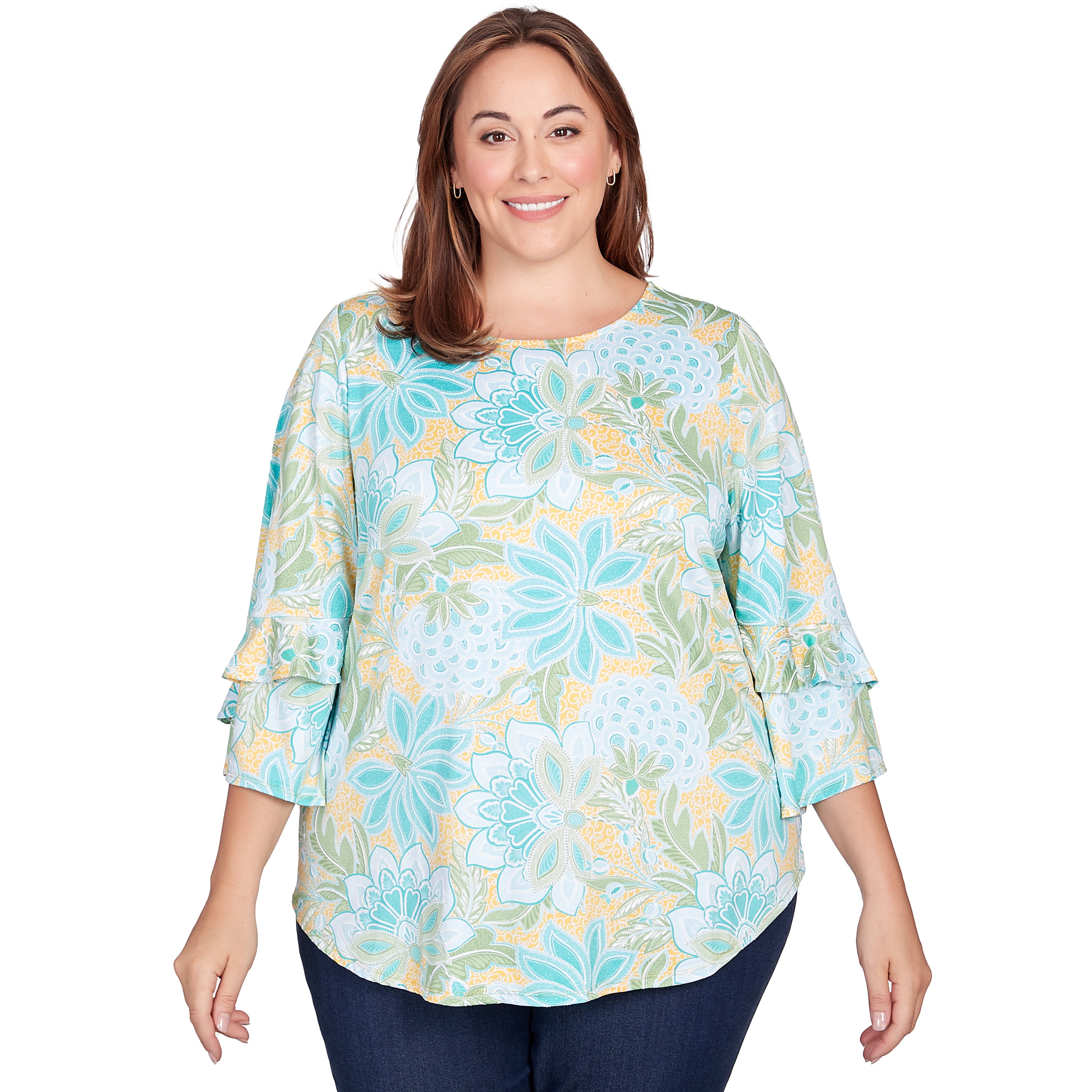 Larky Lark Womens Plus-Size Scoop Neck Filigree Floral Puff Print Knit ...