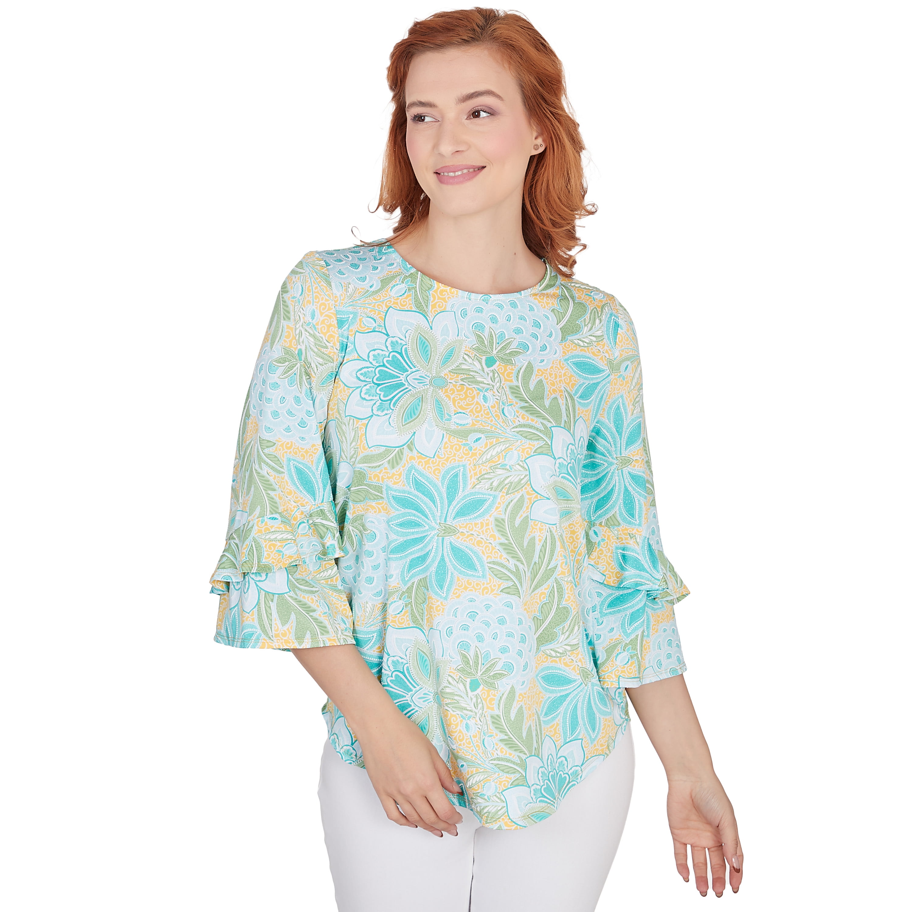 Larky Lark Womens Scoop Neck Filigree Floral Puff Print Knit Top With ...