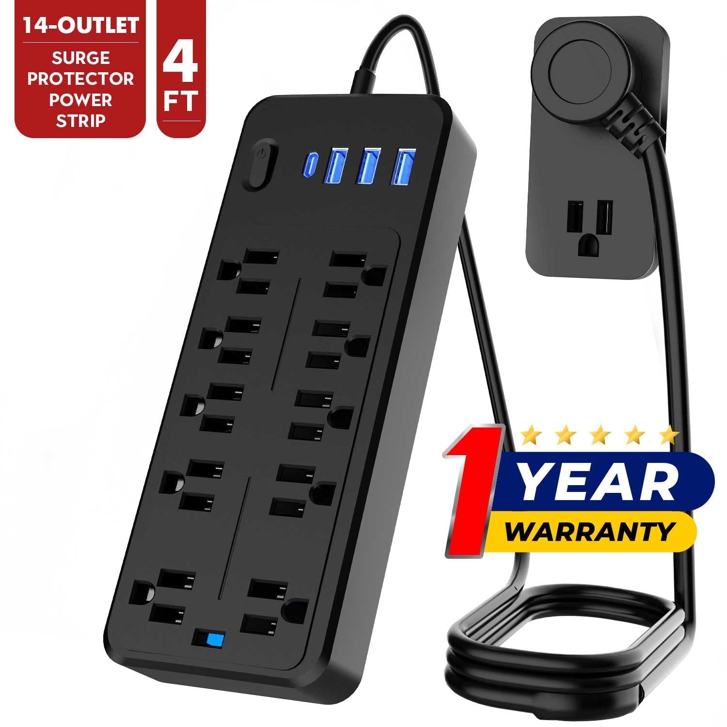 LarmTek 14-in-1 Power Strip, 10 Outlets, 4 USB Ports, Surge Protector ...