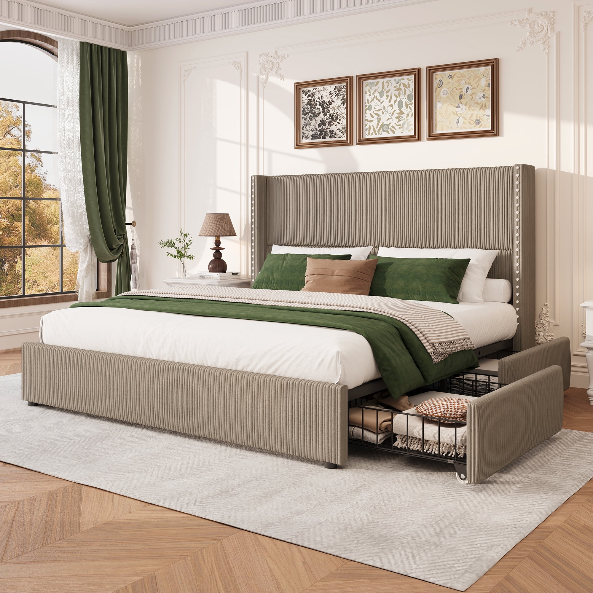 Larmace Upholstered Corduroy Bed Frame Queen Size with 4 Storage ...