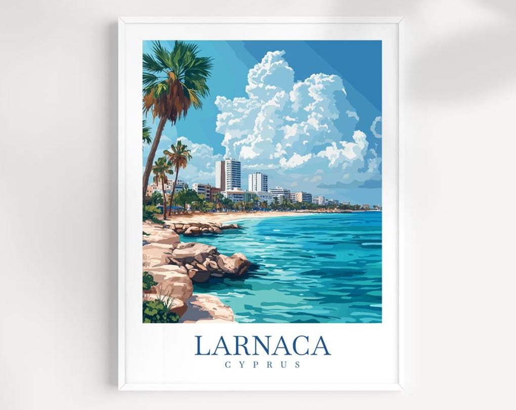 Larnaca Travel Wall Art Print – Coastal Cyprus Landscape, Mediterranean ...