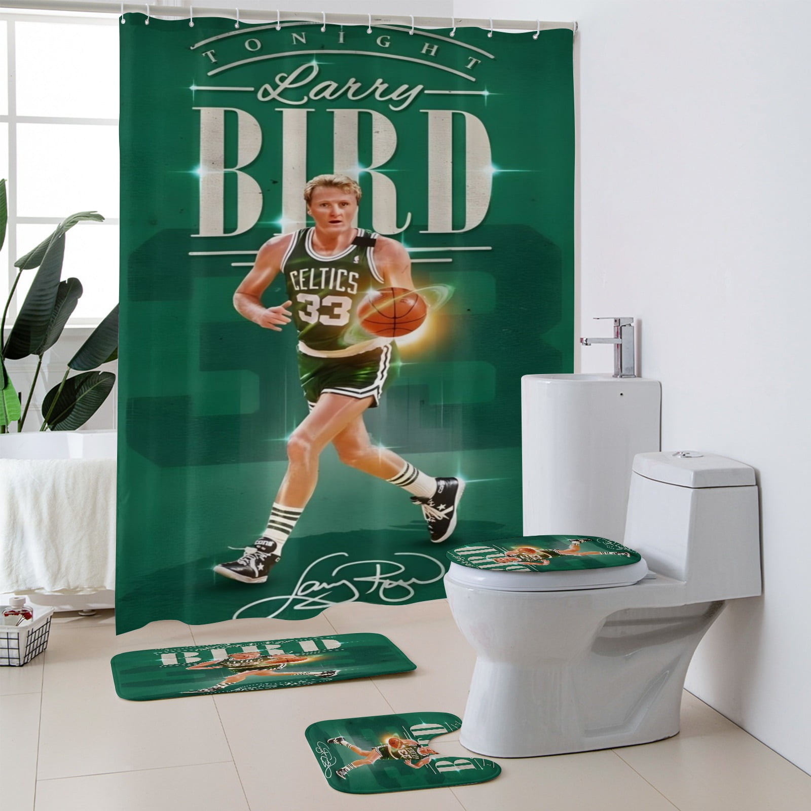 Larry and Bird Polyester Bath 4-Piece—Shower curtain, toilet mat + two ...