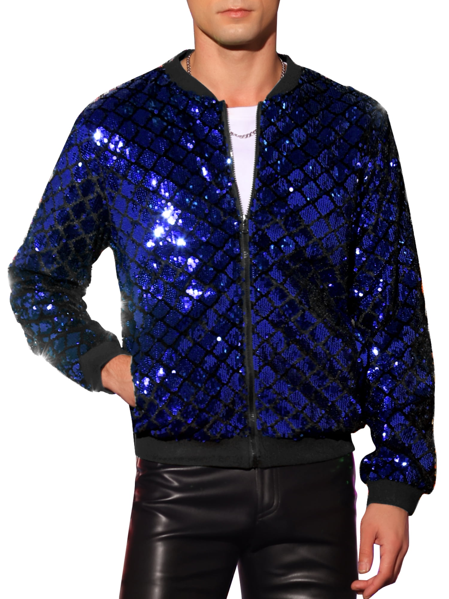 INSPIRE CHIC Argyle Sequin Baseball Jacket for Men's Party Club Shiny ...