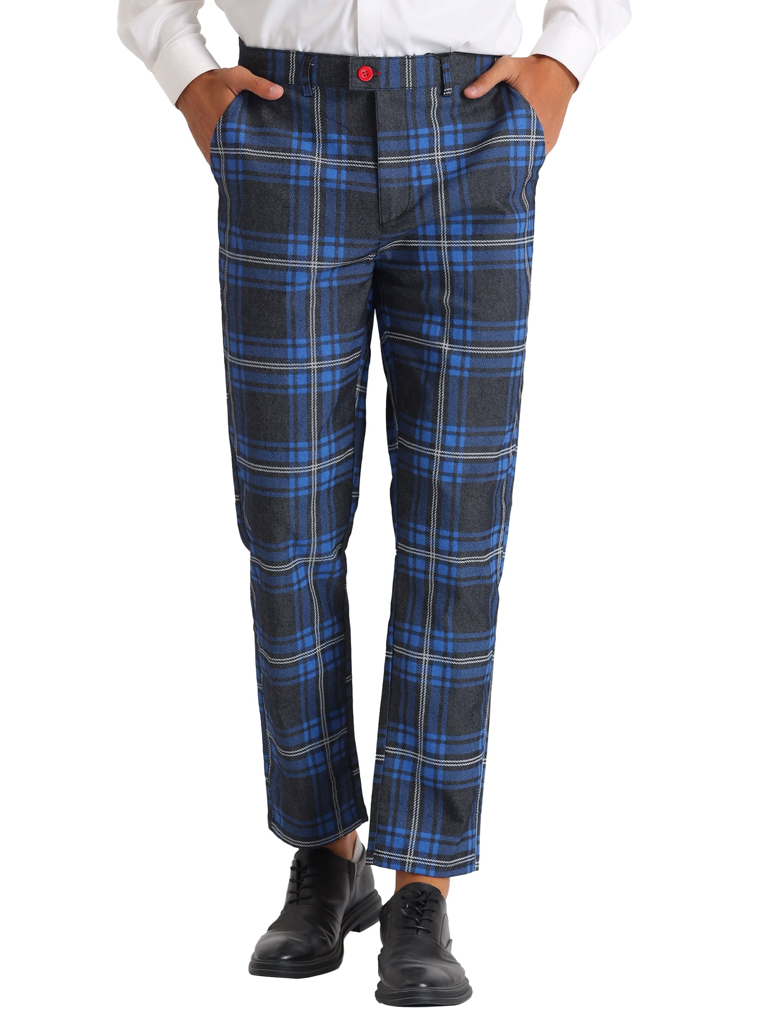 Lars Amadeus Color Block Plaid Pants For Mens Slim Fit Flat Front Formal Checked Trousers