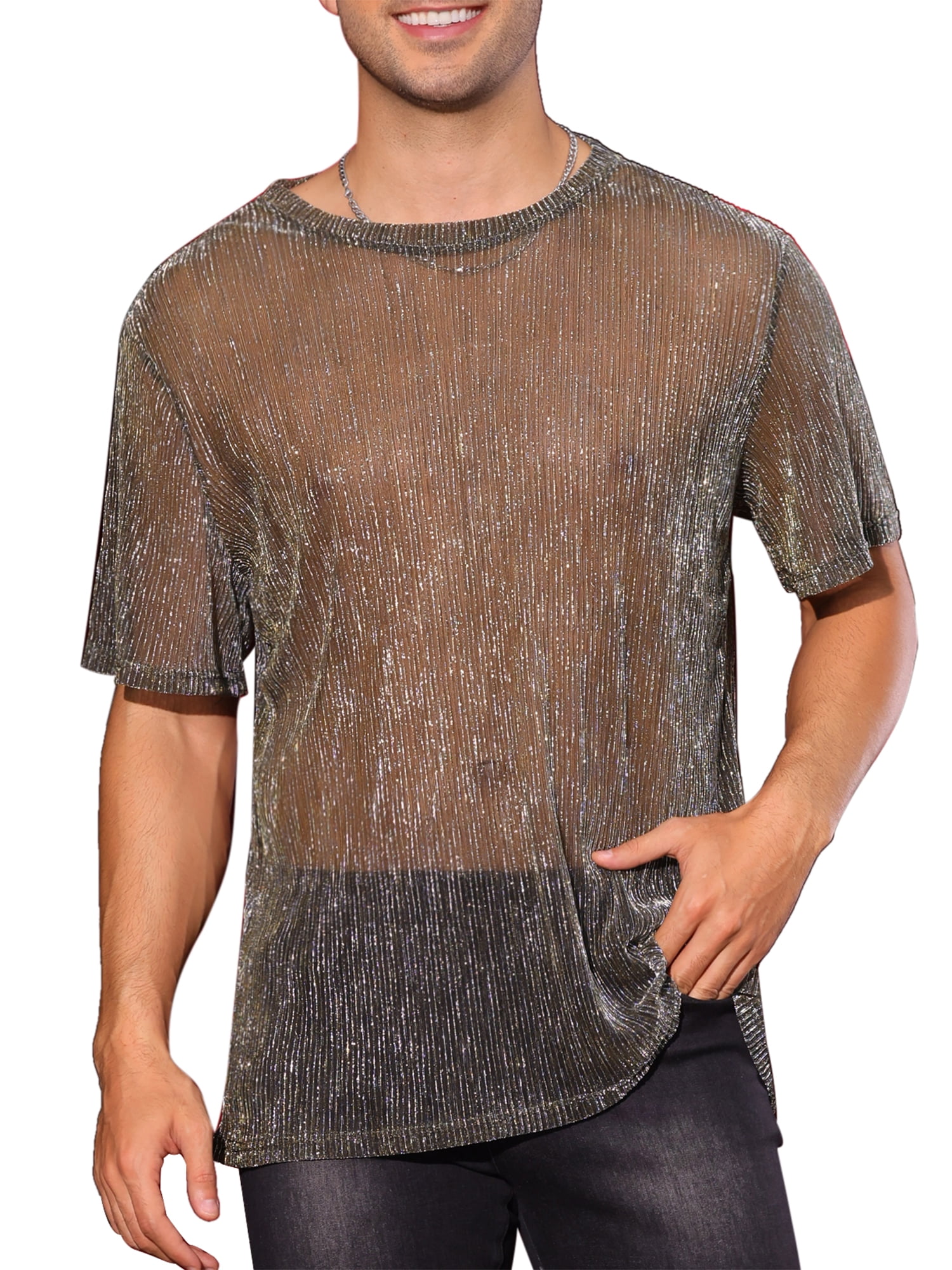 Glitter See Through Tee for Men's Short Sleeves Party Clubwear Metallic ...