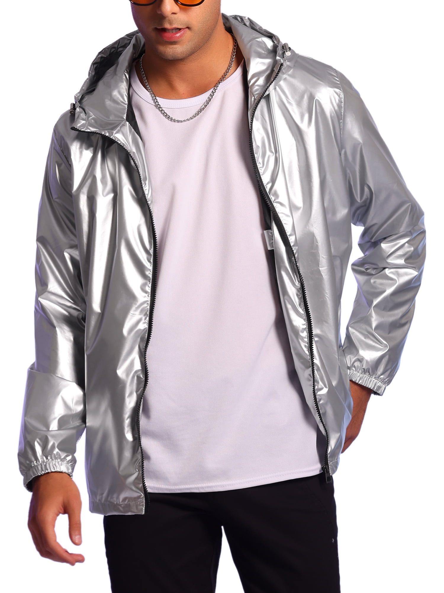 INSPIRE CHIC Holographic Jackets for Men's Long Sleeves Metallic Hoodie ...
