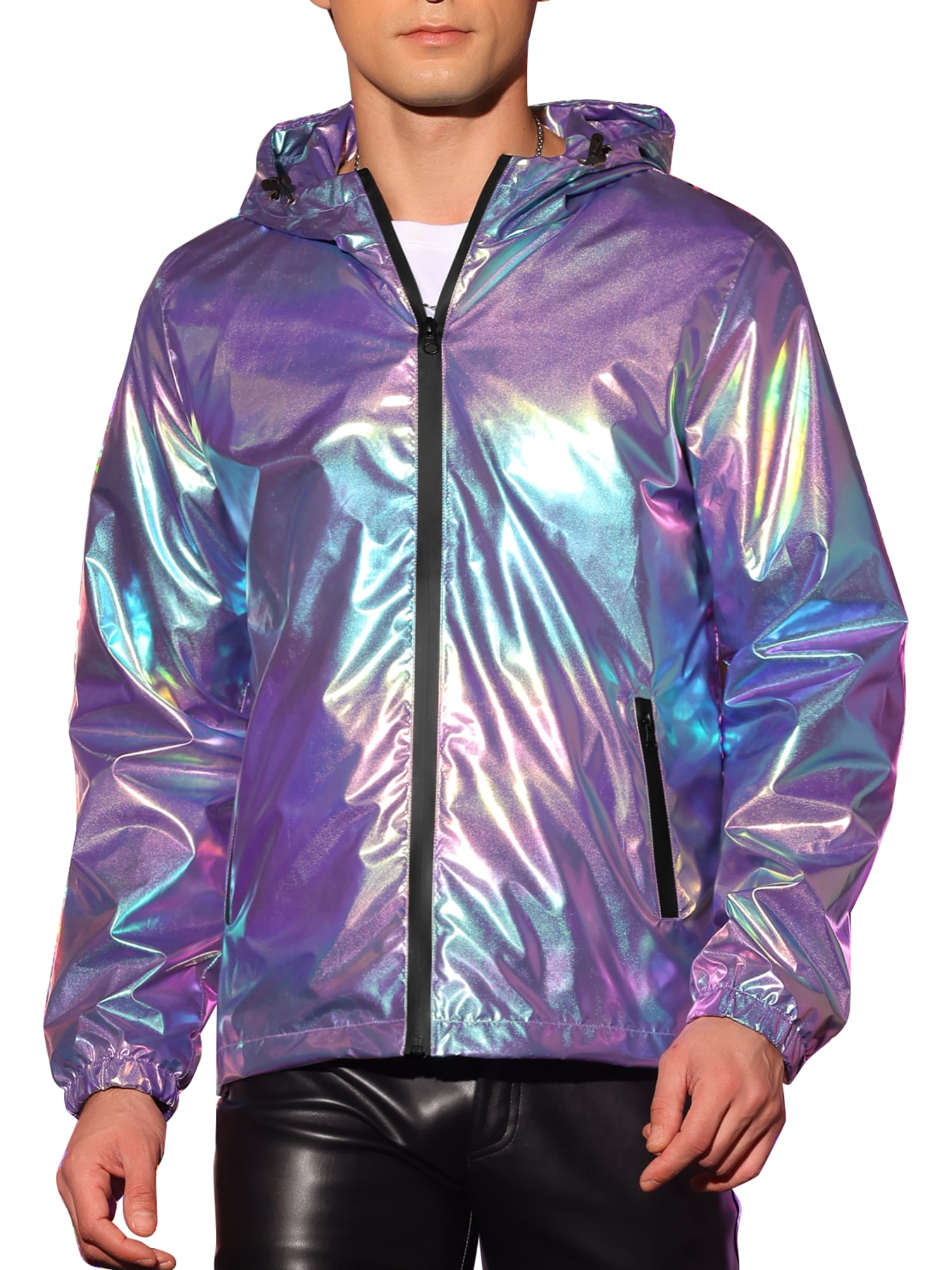 INSPIRE CHIC Holographic Jackets for Men's Long Sleeves Zipper Metallic ...