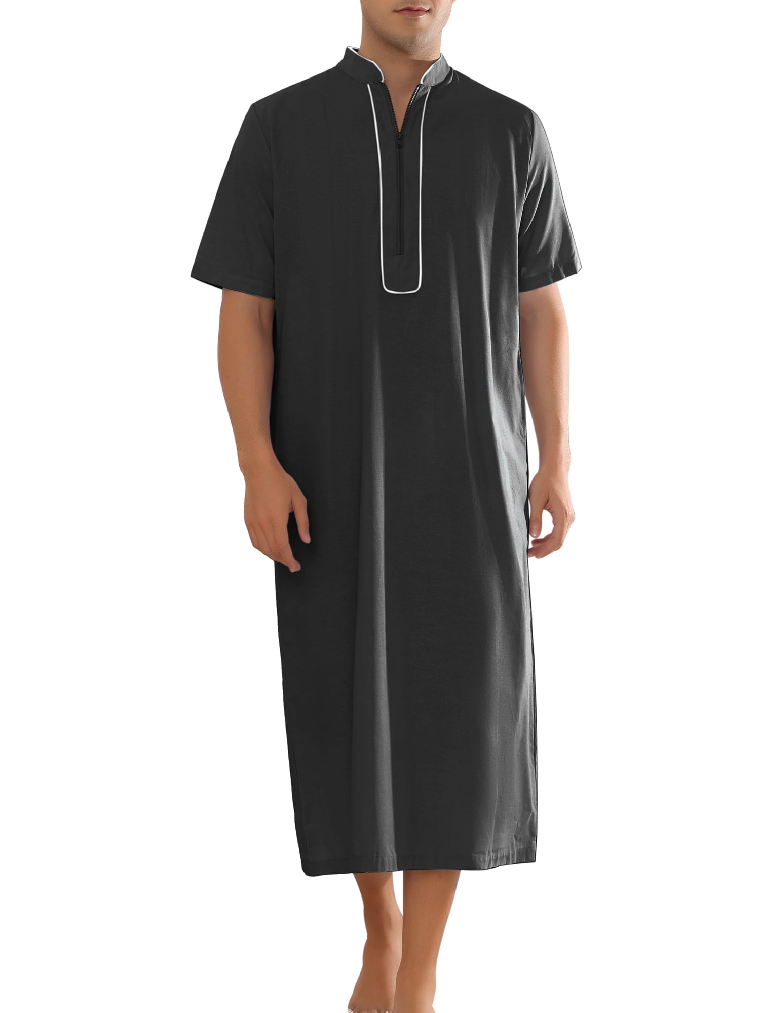 INSPIRE CHIC Long Nightgown for Men's Short Sleeves Stand Collar Zipper ...