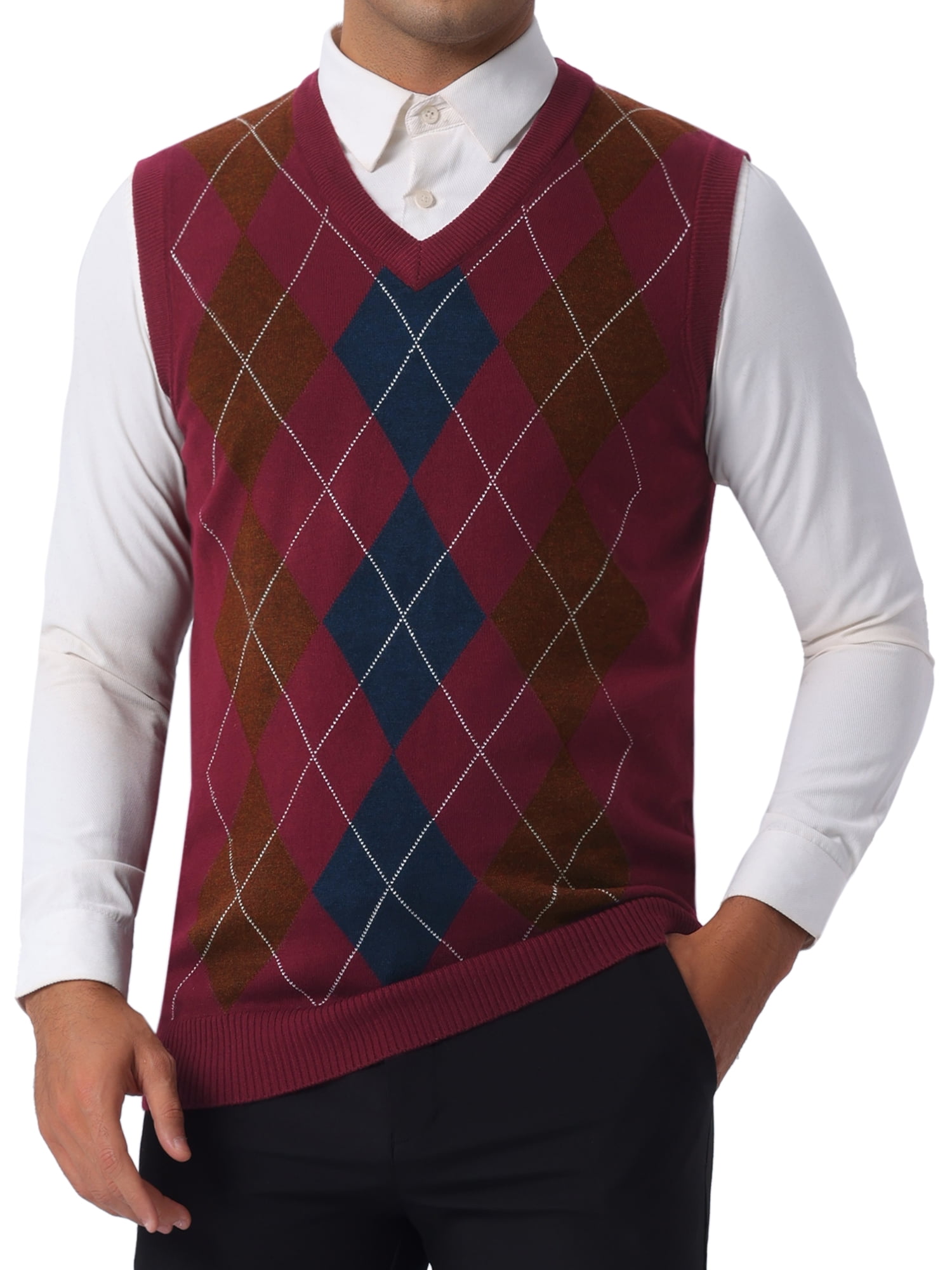 INSPIRE CHIC Men's Vests Argyle Knit Slim Fit Sleeveless Contrast Color ...
