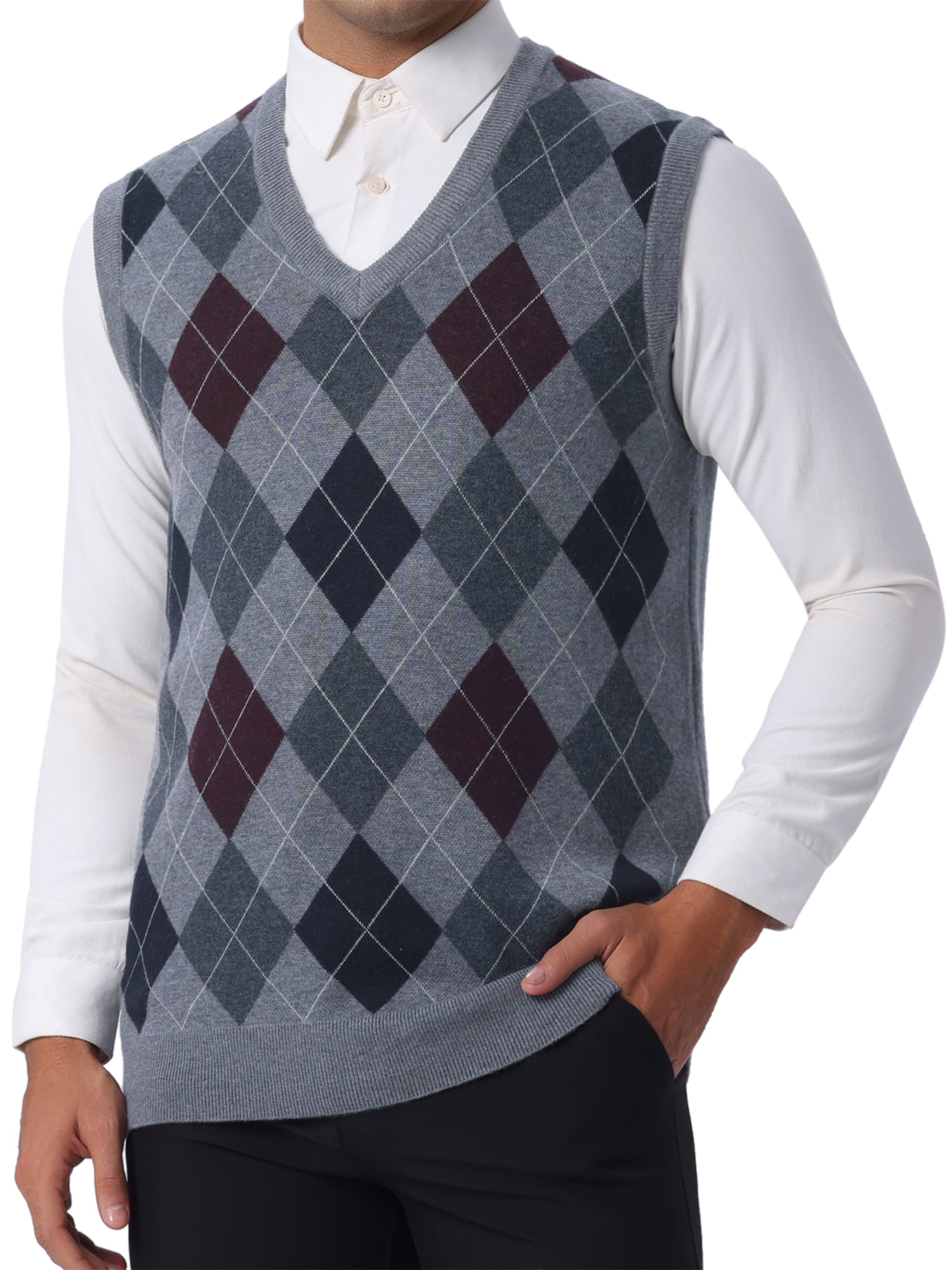 INSPIRE CHIC Men's Vests Argyle Knit Slim Fit Sleeveless Contrast Color ...
