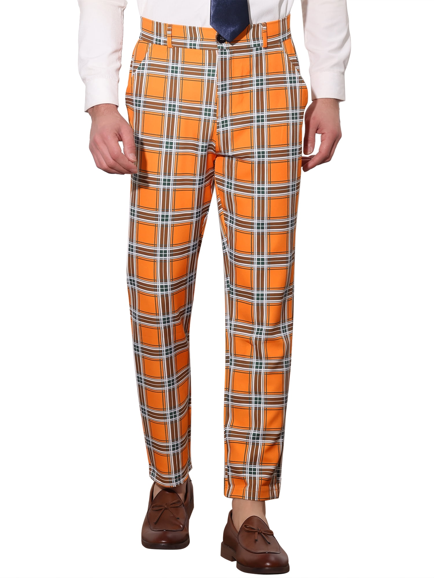 INSPIRE CHIC Men's Checked Suit Pants Flat Front Elastic Waist Plaid ...