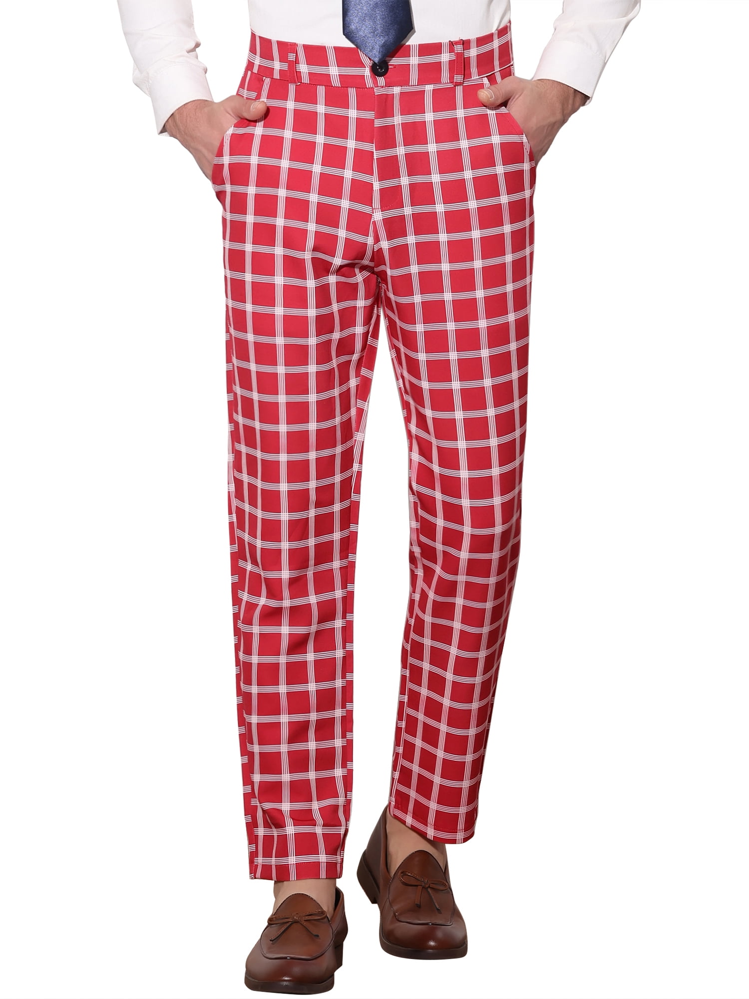 INSPIRE CHIC Men's Formal Color Block Slim Fit Flat Front Plaid Dress ...