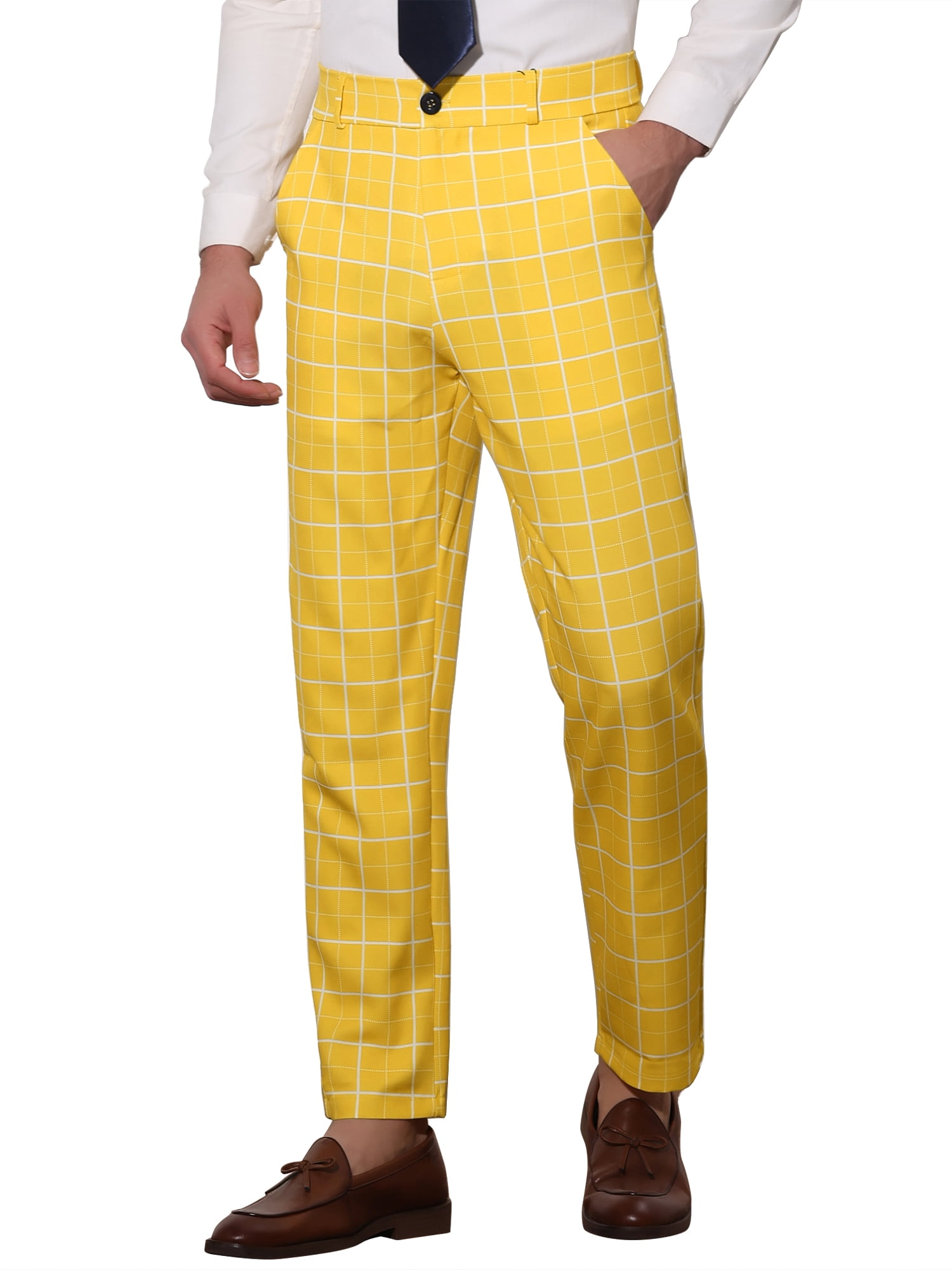 INSPIRE CHIC Men's Formal Color Block Slim Fit Flat Front Plaid Dress ...