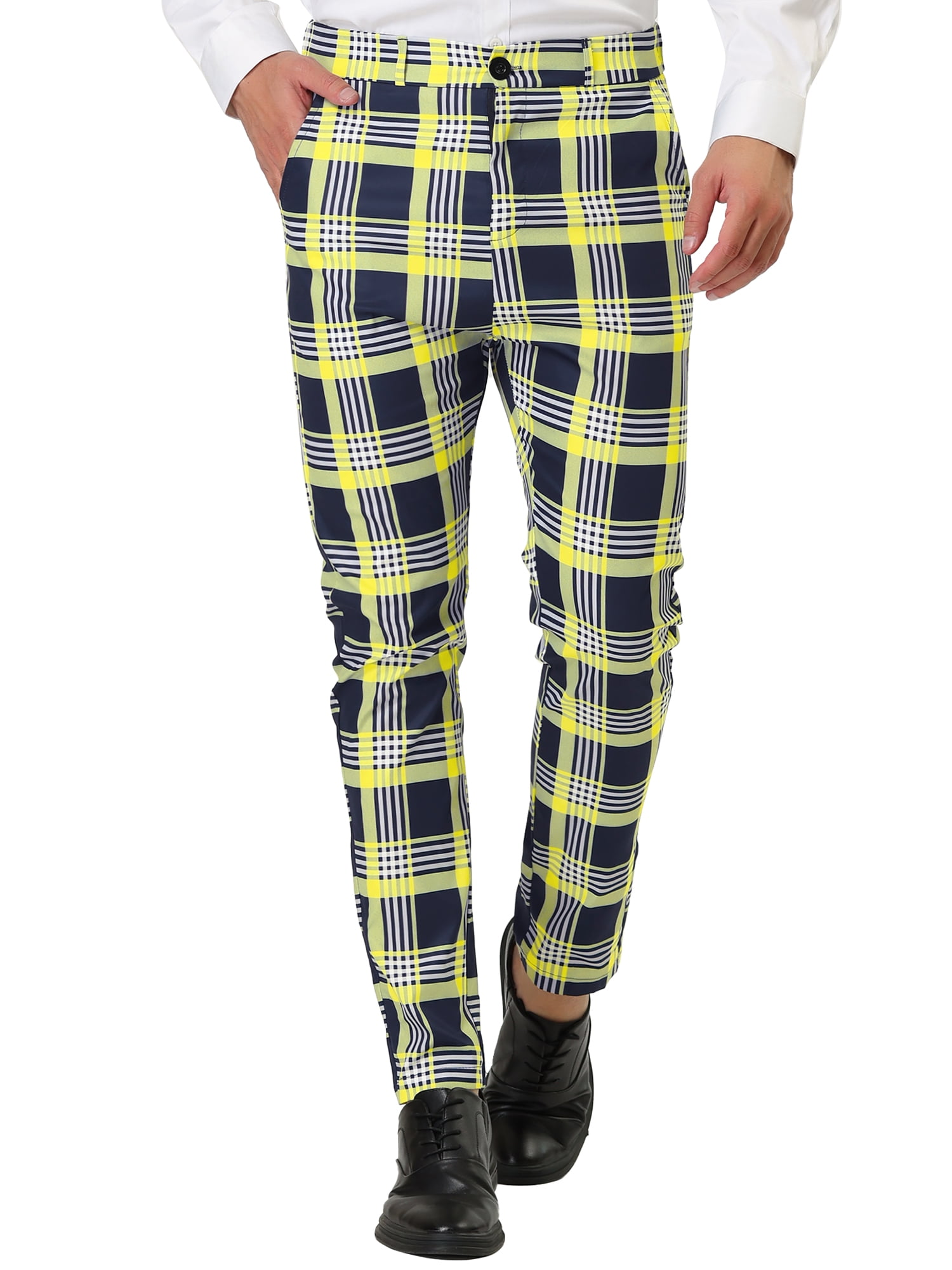 INSPIRE CHIC Men's Formal Color Block Slim Fit Flat Front Plaid Dress ...