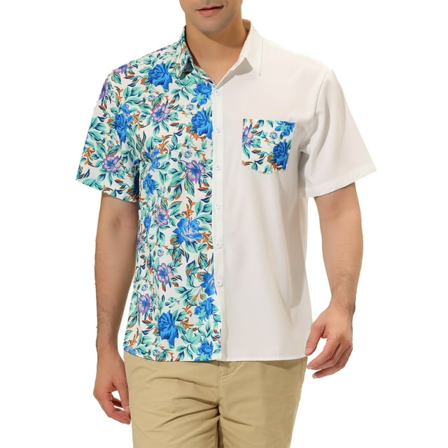 Lars Amadeus Mens Hawaiian Floral Patchwork Short Sleeves Button