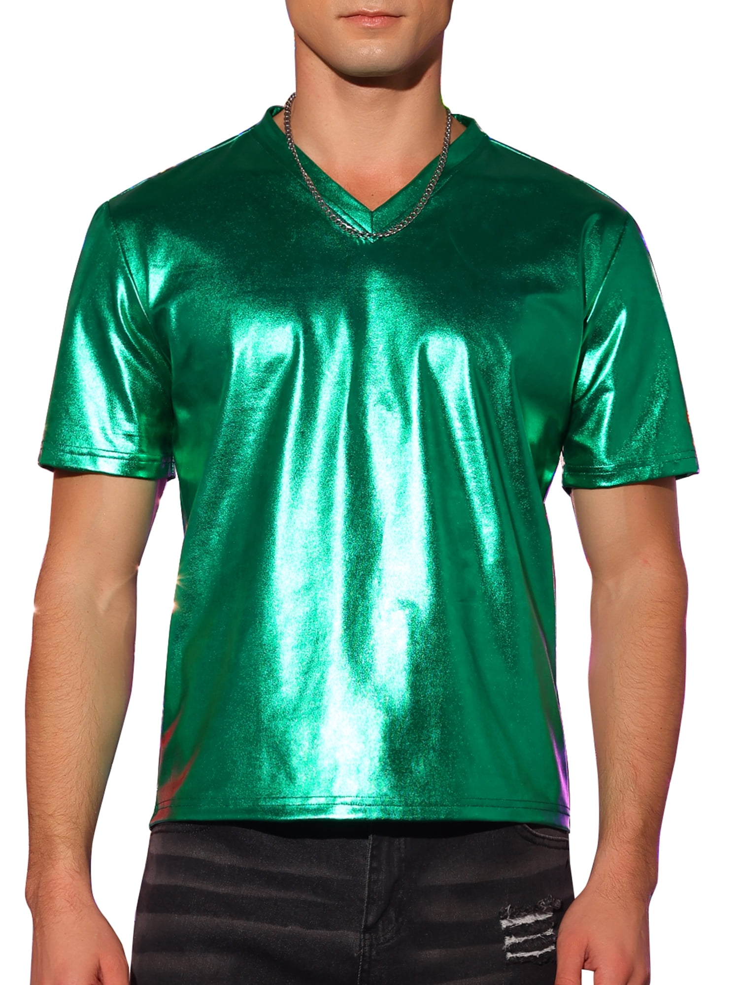 INSPIRE CHIC Men's Metallic Shiny Nightclub Short Sleeve Party Disco T ...