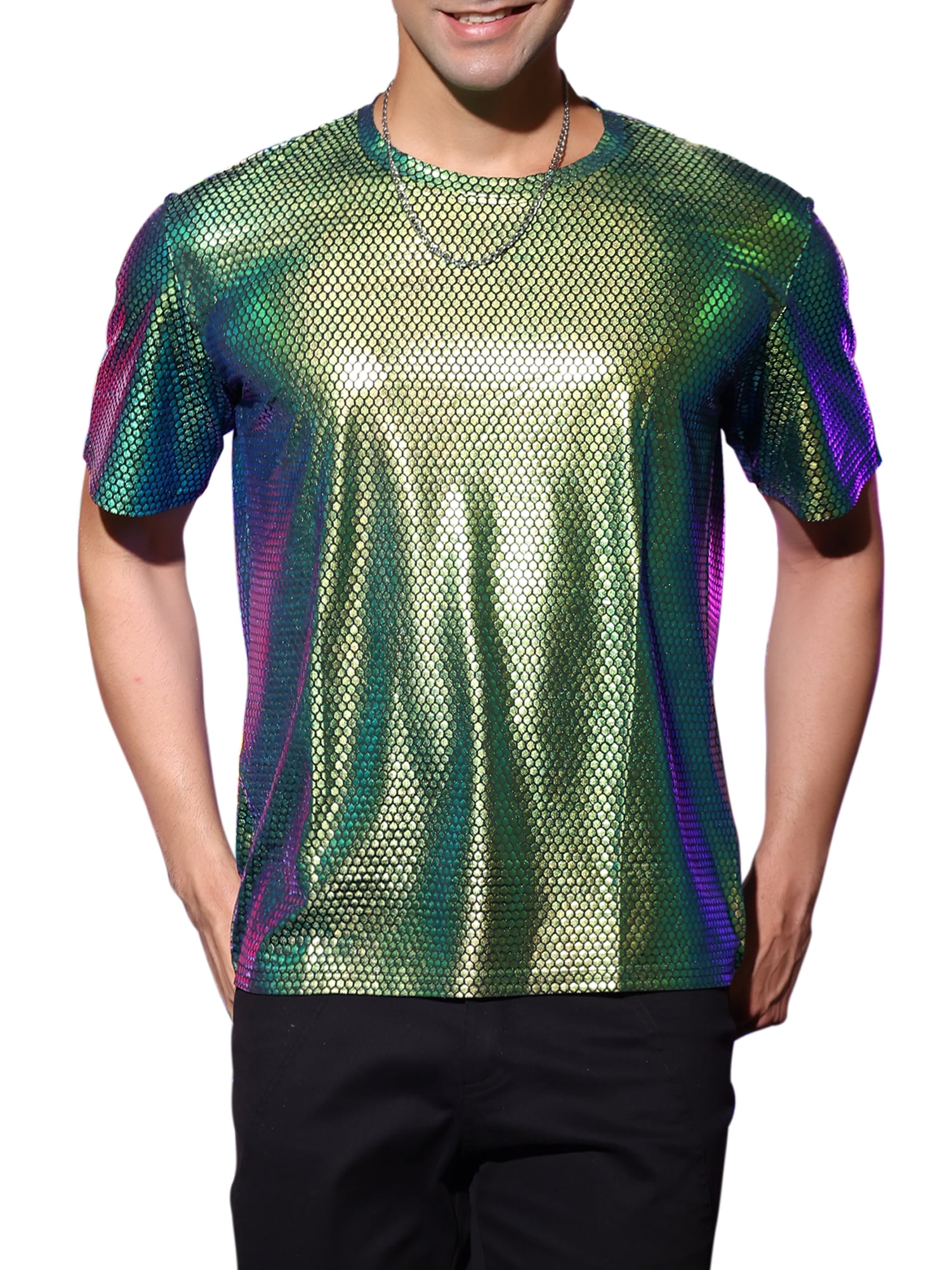 Lars Amadeus Men's Metallic T-Shirt Crew Neck Short Sleeves Shiny Party ...