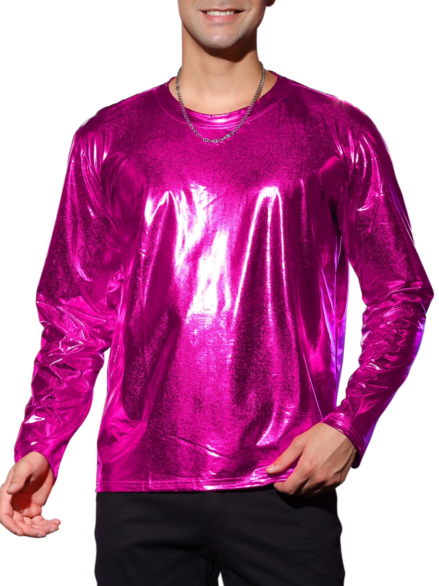 Lars Amadeus Men's Metallic T-Shirt Round Neck Long Sleeves Shining ...